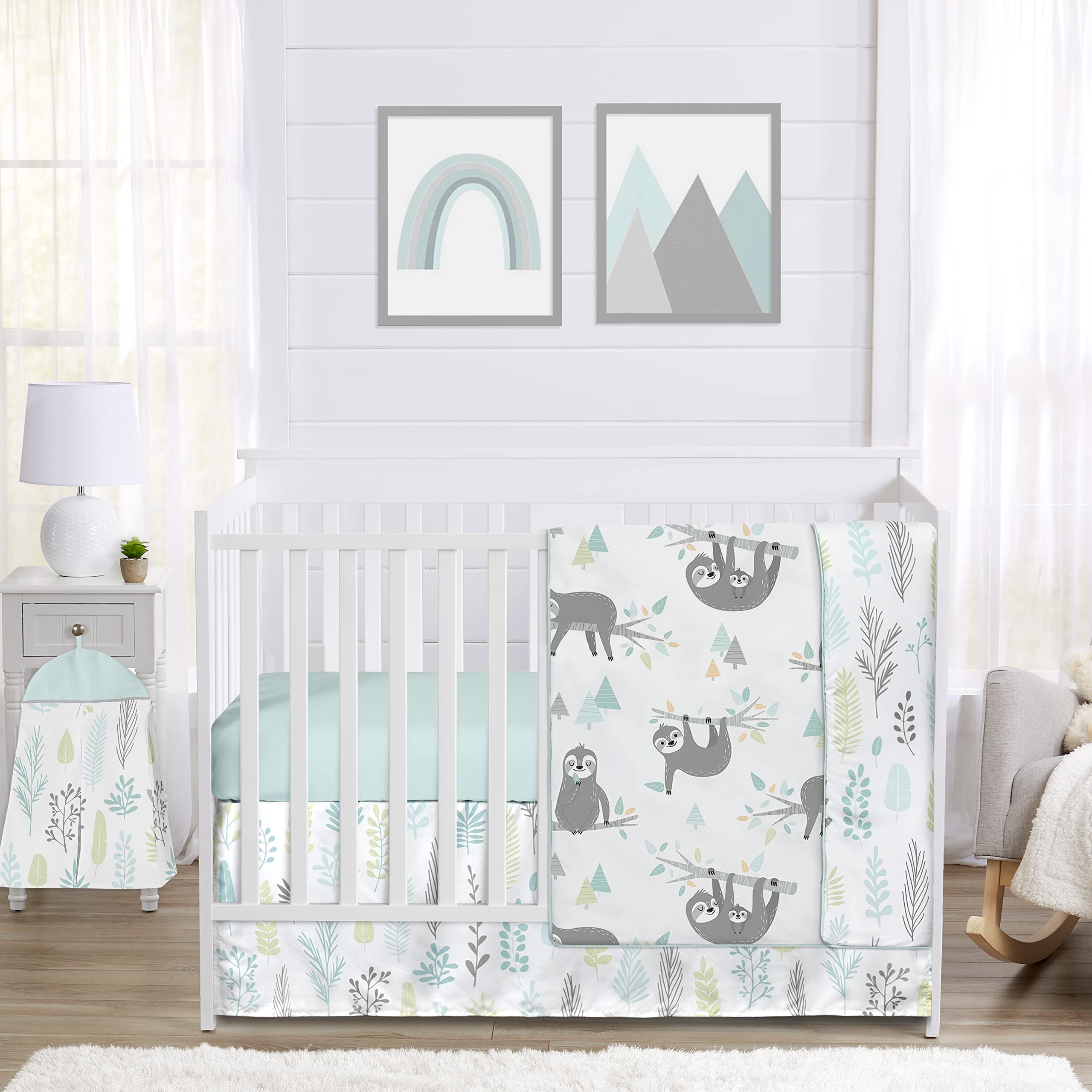 Sweet Jojo Designs Blue and Grey Jungle Sloth Leaf Baby Unisex Boy or Girl Nursery Crib Bedding Set - 4 Pieces - Turquoise, Gray and Green Tropical Botanical Rainforest