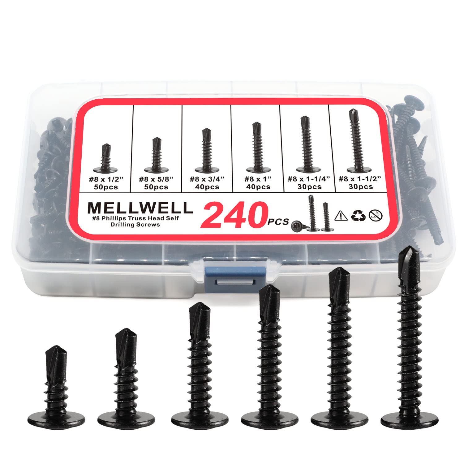 240PCS #8 Self Drilling TEK Screw Assortment Kit, Hex Washer Head Self Tapping Screws for Metal, Black Oxide 410 Stainless Steel Screws, Length 1/2" to 1-1/2"