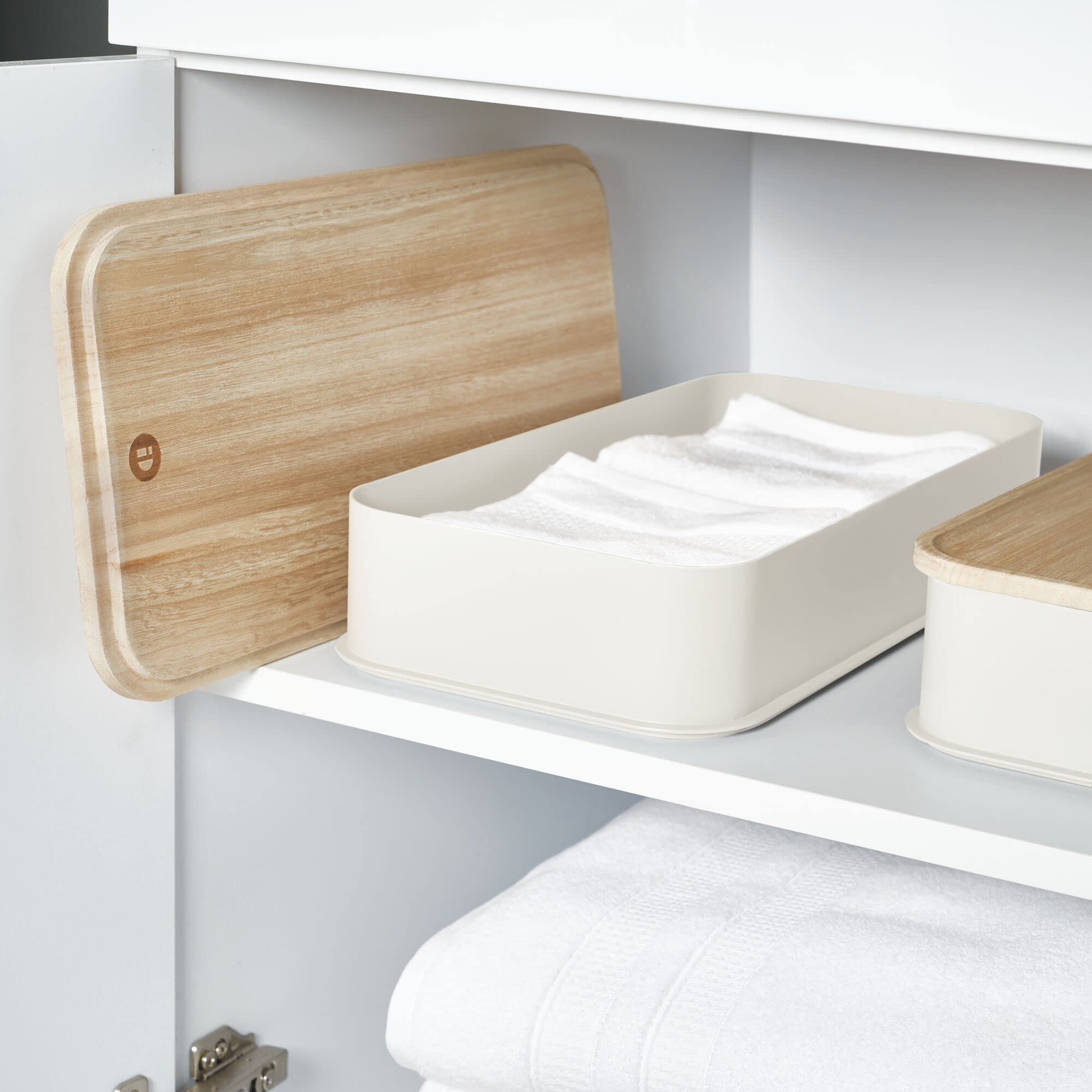 iDesign Recycled Plastic Medium Storage Bin with Paulownia Wood Lid, 8.4" x 16.9" x 3", Coconut