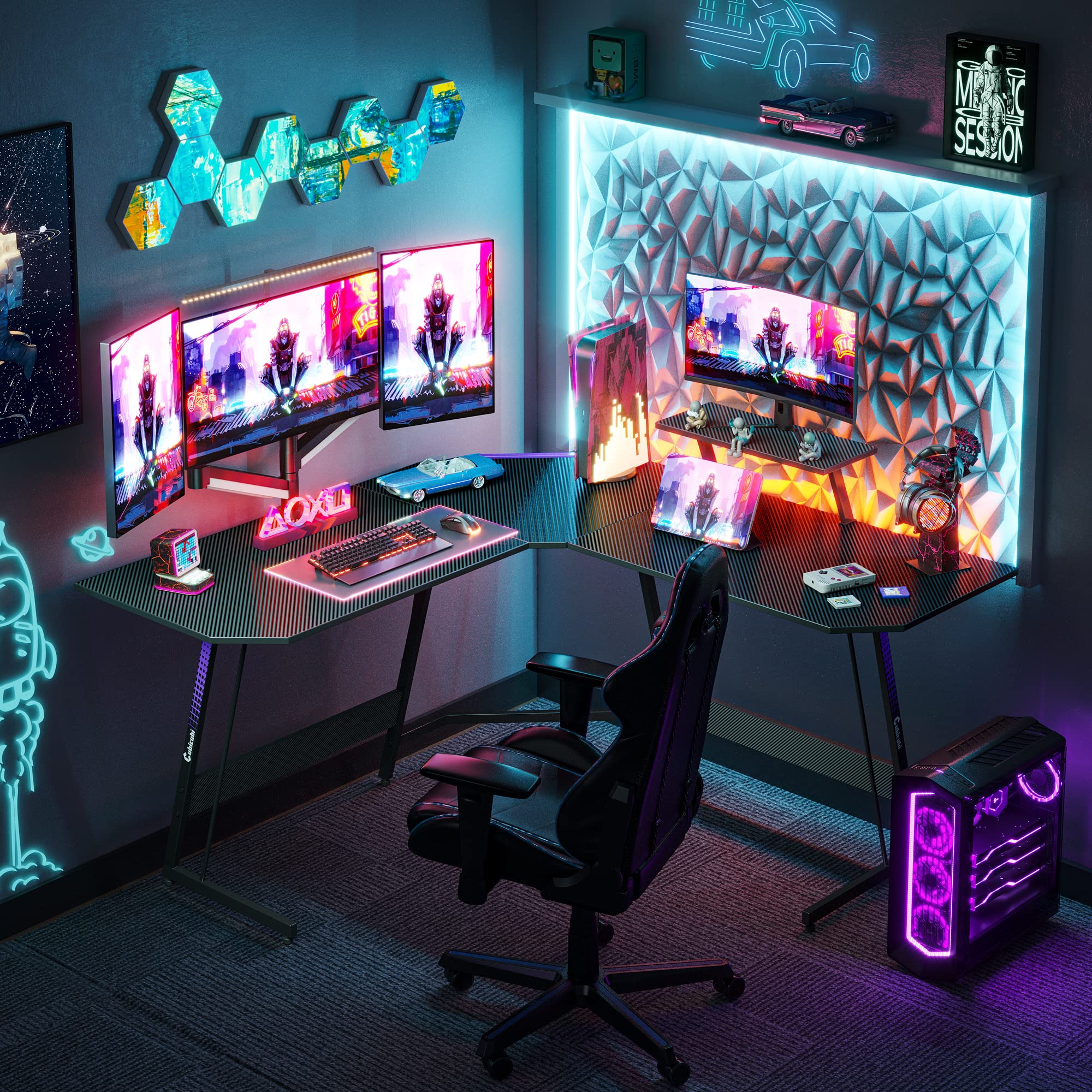 CubiCubi 53 inch Diamon L Shaped Gaming Desk Gamer Workstation, Home Computer Carbon Fiber Surface Corner Gaming Desk PC Table with Cable Tray