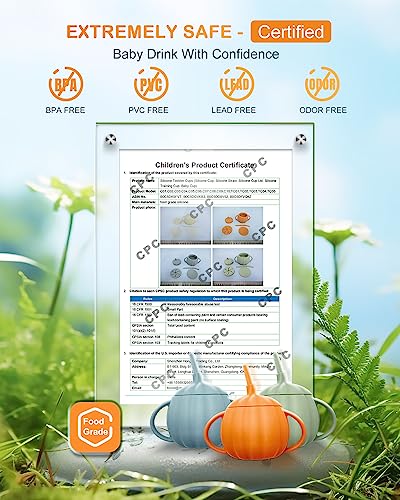 BRVTOT 3 in 1 Training Cups for Baby & Toddler 7 oz, Spill Proof Toddler Straw Cup & Snack Containers Cup with DustProof Lid, BPA Free Silicone Baby Sippy Cup for 1+ Year Old, Cute Pumpkin Baby Gifts