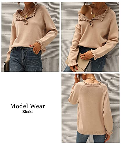 BTFBM Women's Sweaters Casual Long Sleeve Button Down Crew Neck Ruffle Knit Pullover Sweater Tops Solid Color Striped(Solid Khaki, Small)