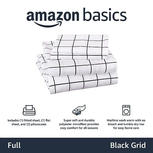 Amazon Basics Soft Microfiber 4-Piece Bed Sheet Set with Elastic Side Pockets, Full, Black Grid, Geometric
