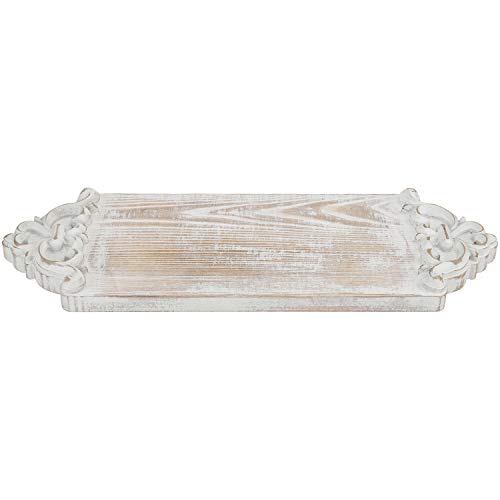 MyGift White Wooden Tray, Vintage Whitewashed Distressed Solid Wood Coffee/Tea Small Serving Tray