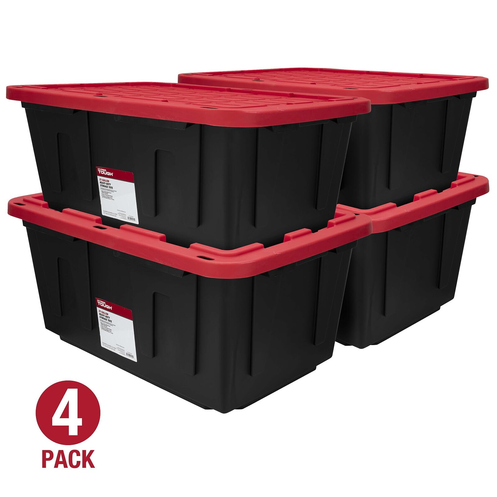 4 Pack- 27 Gallon Large Heavy-Duty Storage Plastic Bin Tote Organizing Container with Durable Lid, Black/Red