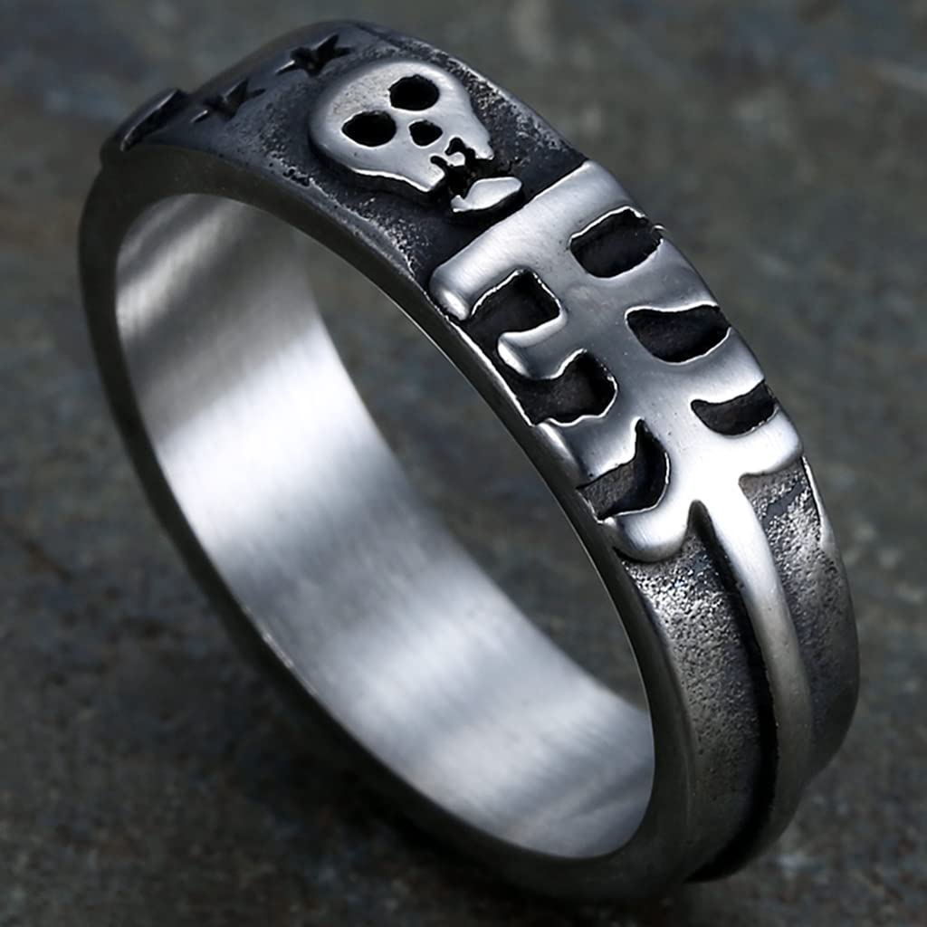 7mm Stainless Steel Retro Vintage Skull Skeleton Biker Halloween Band Statement Cocktail Party Ring (Silver, 12)
