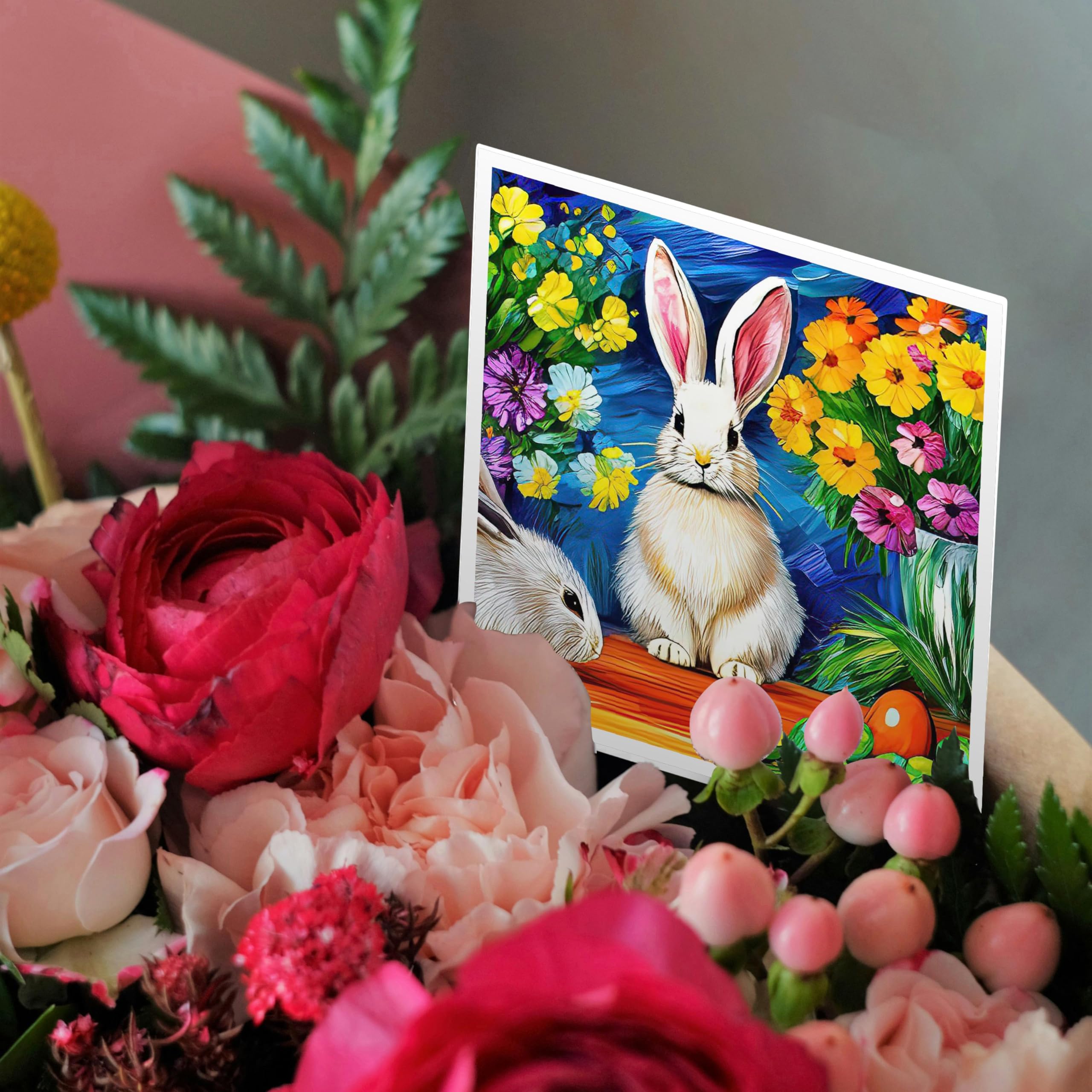 3dRose Greeting Card - Two white Easter bunnies and spring flowers. Positive gift or charm - Alexis Design - Holidays Easter