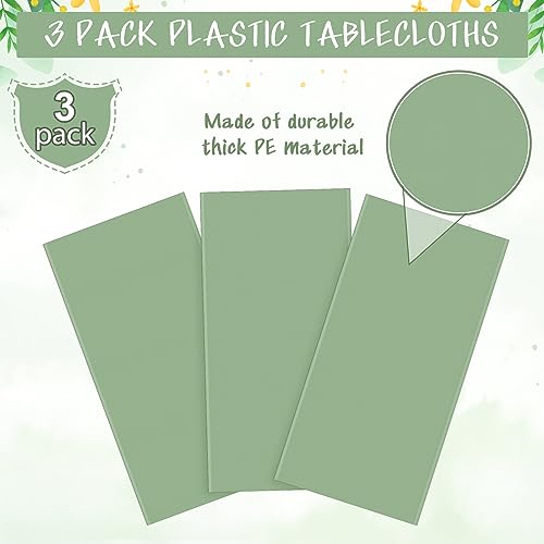 3Pack Sage Green Plastic Tablecloths for Rectangle Tables, Light Green Disposable Tablecloth, Waterproof Sage Green Table Cover for Birthday Bridal Wedding Baby Shower Party Decorations, 54 X 108Inch