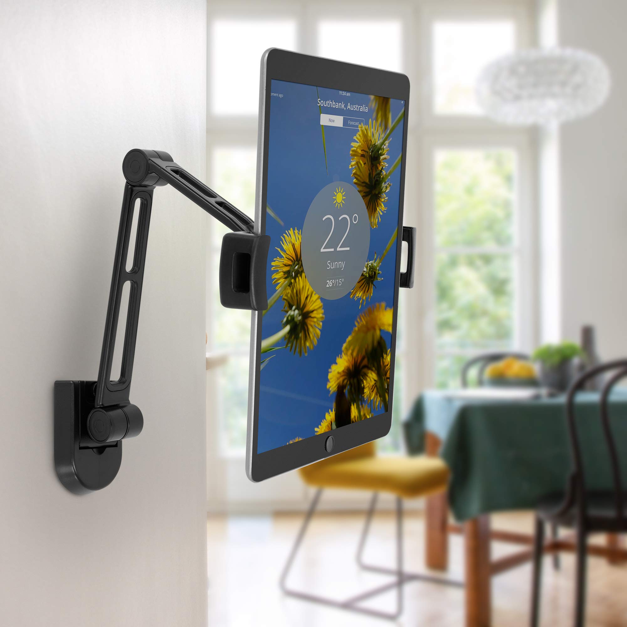 Mount-It! Adjustable iPad Wall and Counter Mount [Fits Screens 4.7" to 12.9"] 360 Degree Full Motion Rotation and Swivel Desktop Tablet and Phone Stand, Large Base, Holder Cabinet (Black)