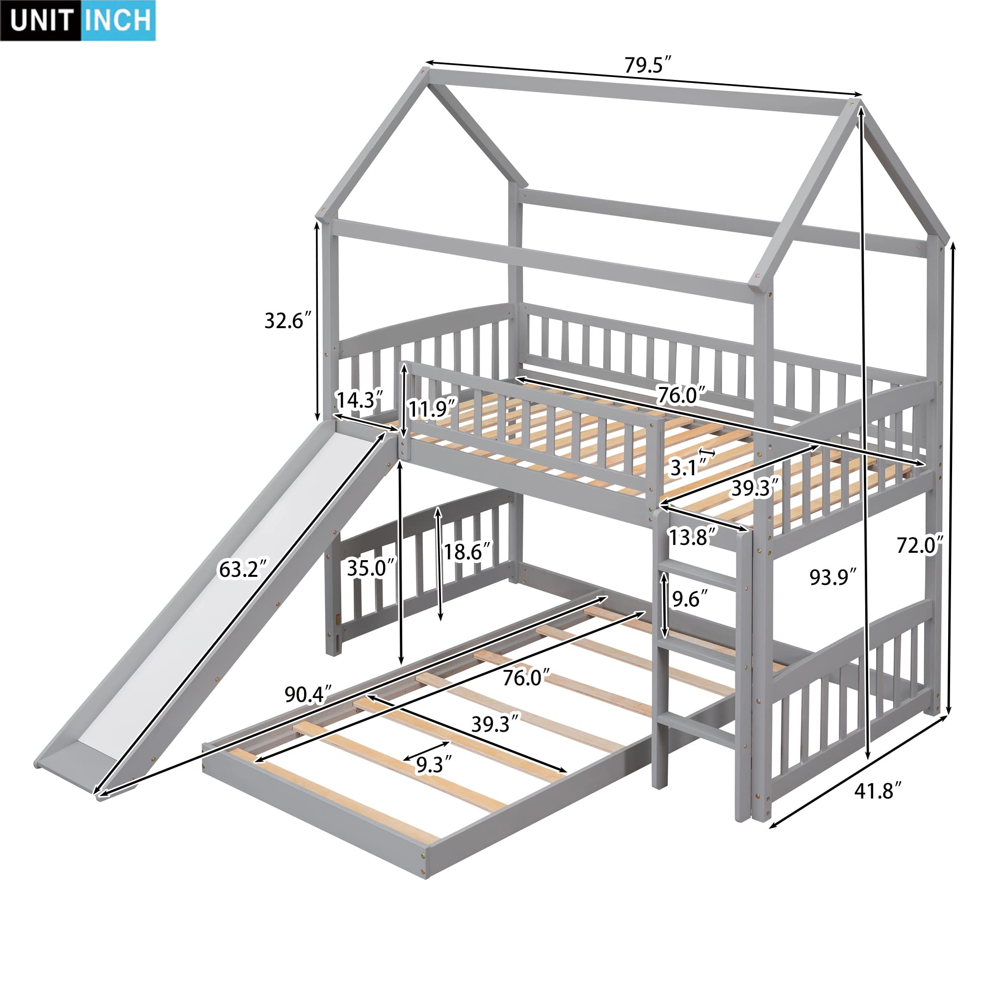 LZ LEISURE ZONE Bunk Bed with Slide, Wood Twin Over Twin Bunk Bed Frame, Twin Size House Bunk Bed, Bedroom Furniture for Kids/Teens/Aldults, No Box Spring Needed, Gray