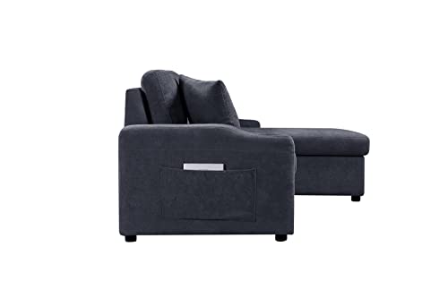 BIADNBZ Reversible Sleeper Sofa Bed 2 in 1 Pull Out Couch with Storage Chaise 2 Cup Holders Two Side Pockets and Pillows for Living Room, Dark Grey