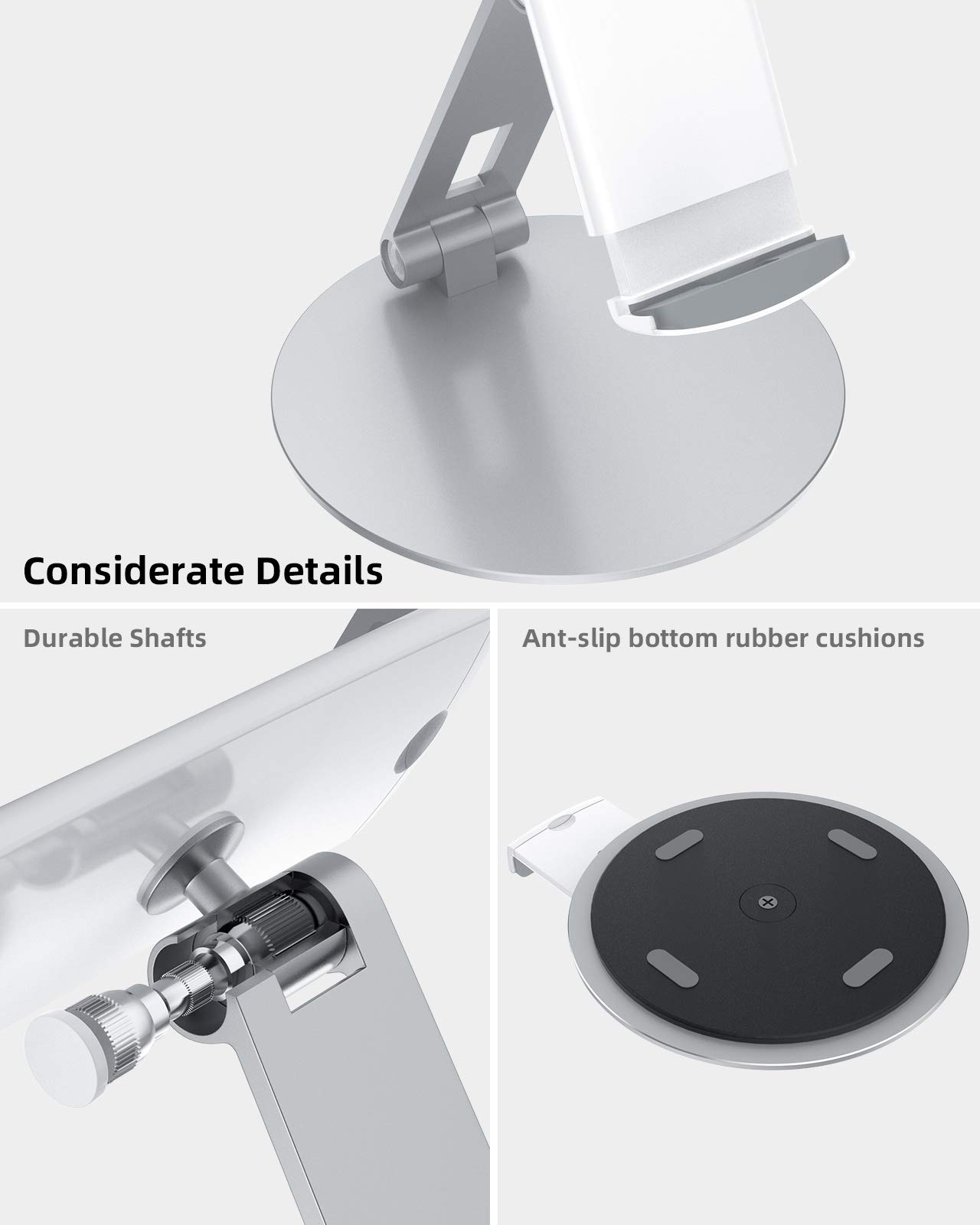 Stouchi Tablet Stand, 360°Tablet Swivel Base Holder Galaxy Tab S8, Adjustable Desk Mount for iPad Mini 2021,Galaxy S22, POS Kiosk, Surface Pro 4, iPad Pro/Air fits 4-14” Tablet & Phone Silver
