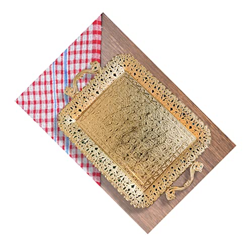 chancegift Turkish Tea Coffee Beverage Dinning Serving Tray with Handled Ottoman Motif Decorative Middle Table Drink Bathroom Rectangular Suitable for Gift (16.5x10.7x1 INC) 42x28x2cm Gold, (A2022)