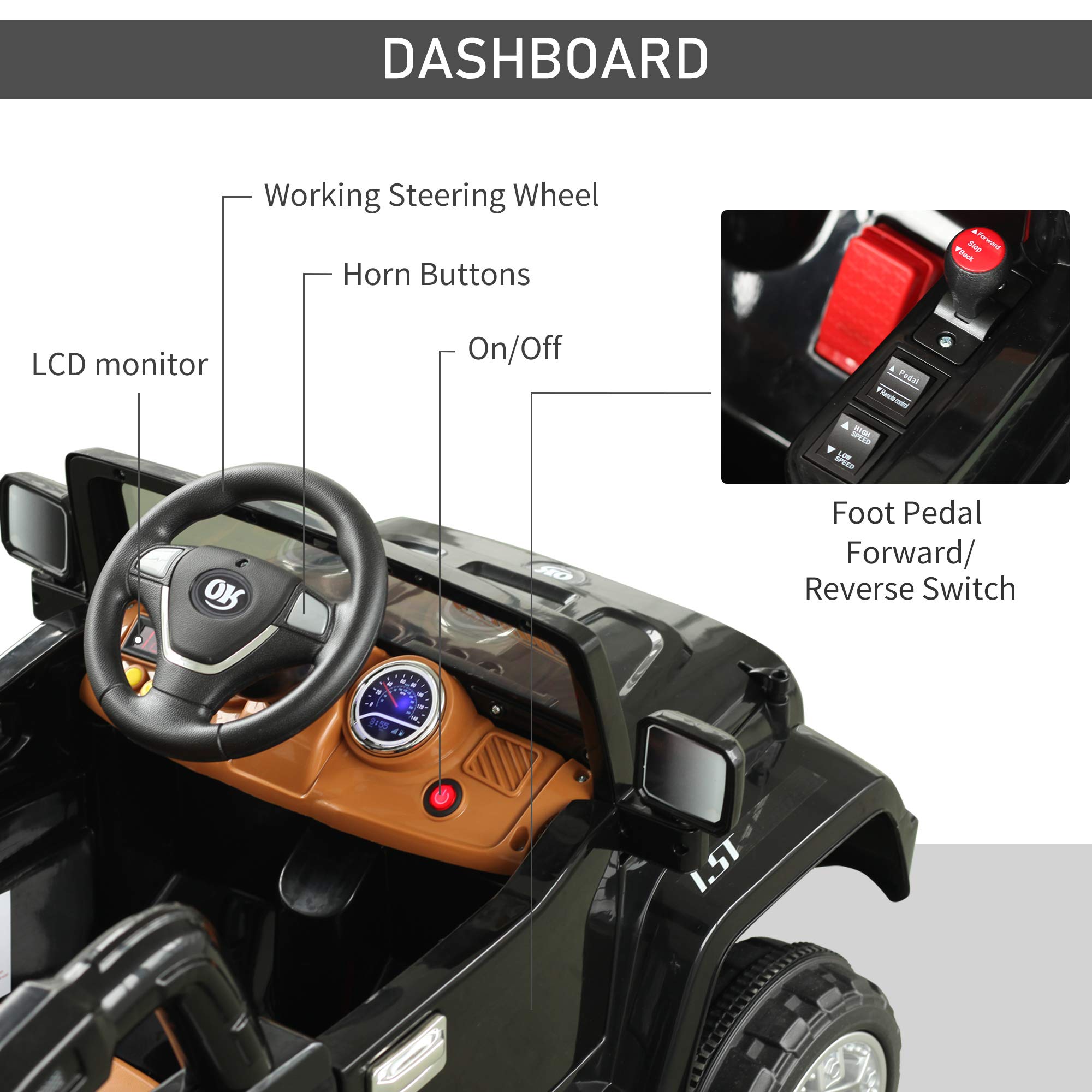Aosom 12V Kids Ride on Truck, Off-Road Electric Car with MP3 Connection, Working Horn, Steering Wheel, and Remote Control, Black