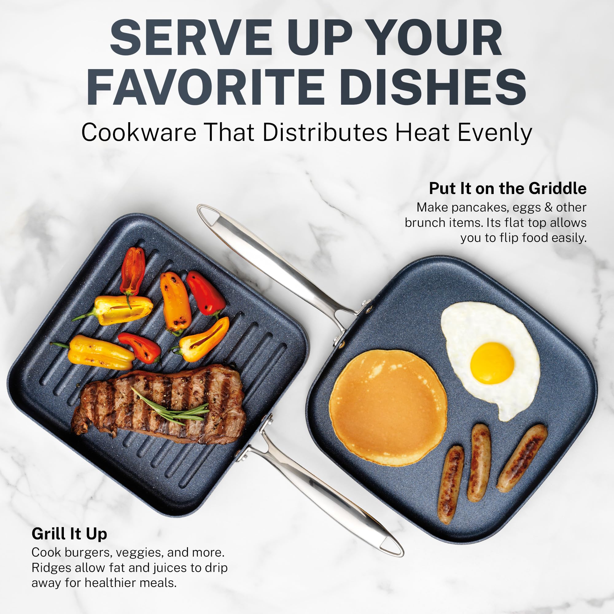 Granitestone 2 Pack Nonstick 10.5” Grill Pan + Flat Griddle Pan for Stove Top with 3x Coated Surface Perfect for Eggs Pancakes Steaks and More, Stove Top Griddle for Gas Grill, Oven Safe, PFOA Free