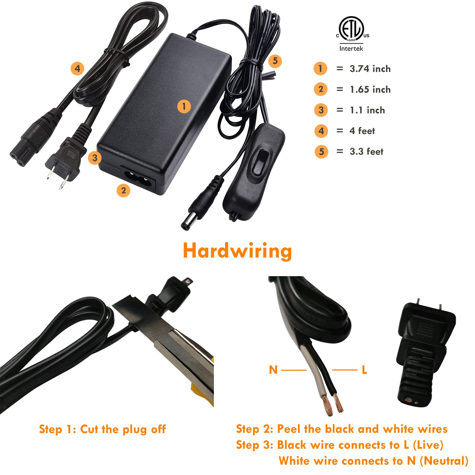 Lvyinyin UL Power Adapter US Wall Plug for LED Lights, 120V ac to 12V dc 2A, 24 Watts, 5521 (5.5 x 2.1 mm) Cable with On/Off Switch, Black