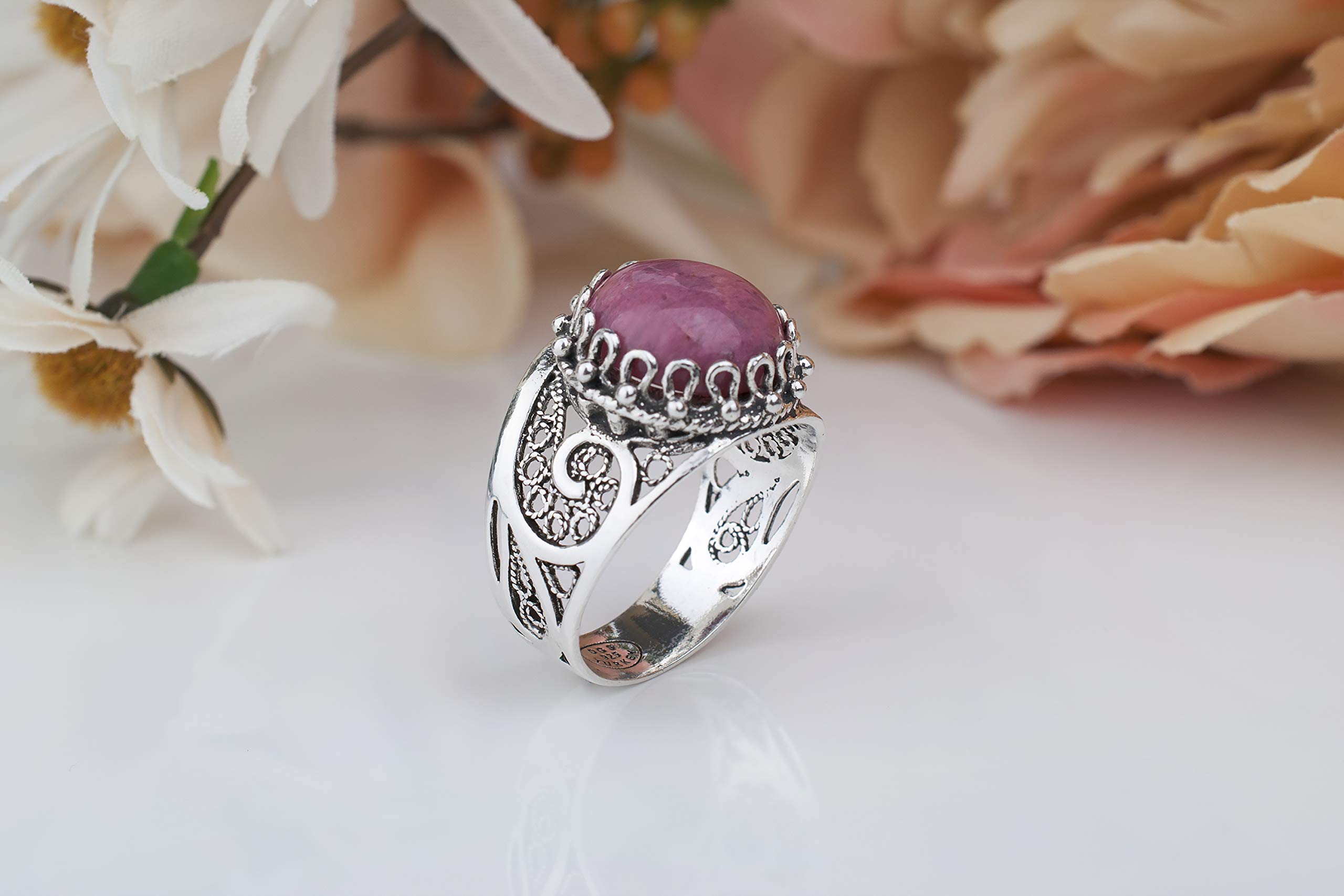 925 Sterling Silver Pink Rhodonite Round Filigree Paisley Ring (Size 6-10) (6)