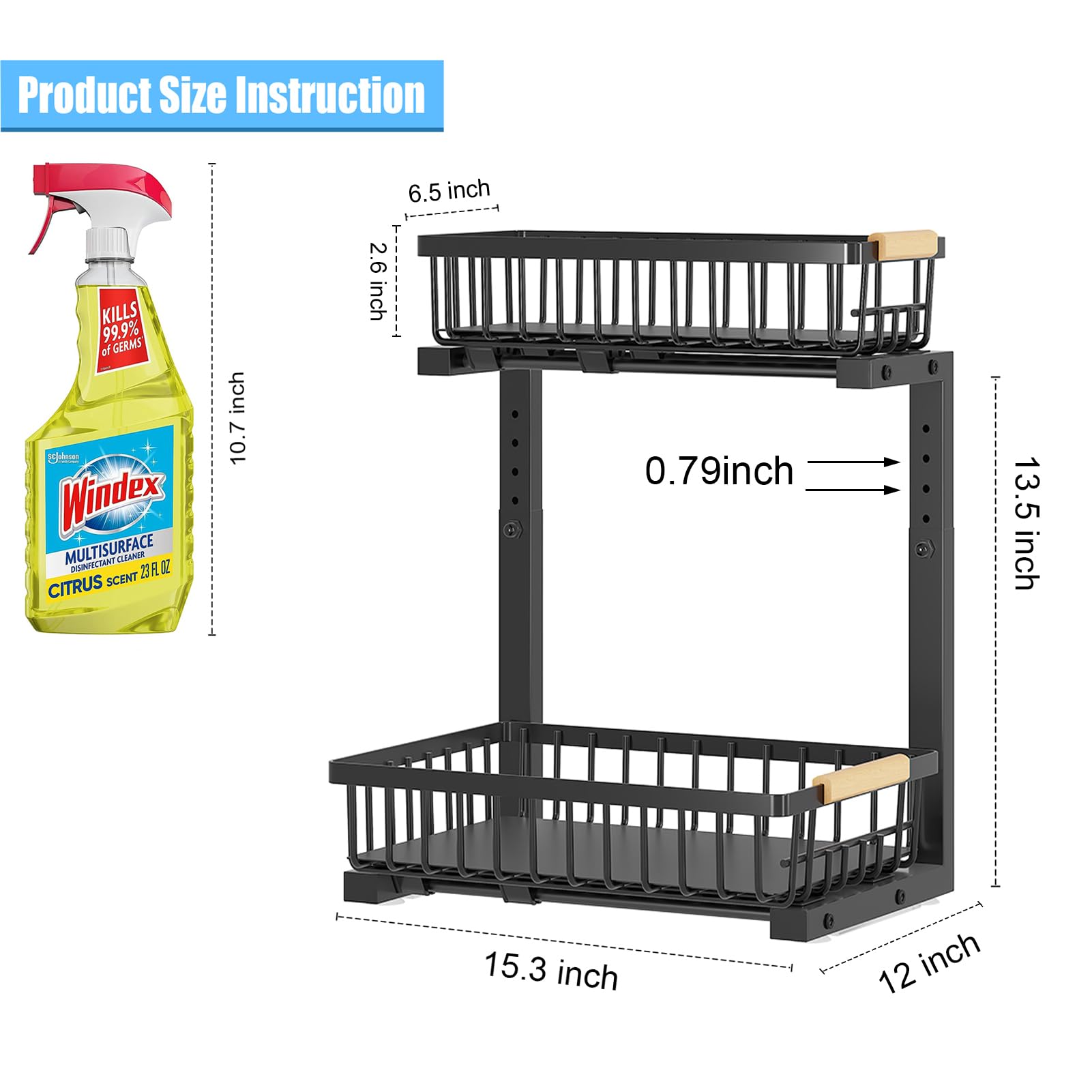 LUWUIDEN Under Sink Organizer and Storage: 2 Pack Adjustable Height 2-Tier Under Sink Bathroom Organizers Multi-Purpose Bathroom Cabinet Pull Out Drawers for Kitchen with Hooks (Black)