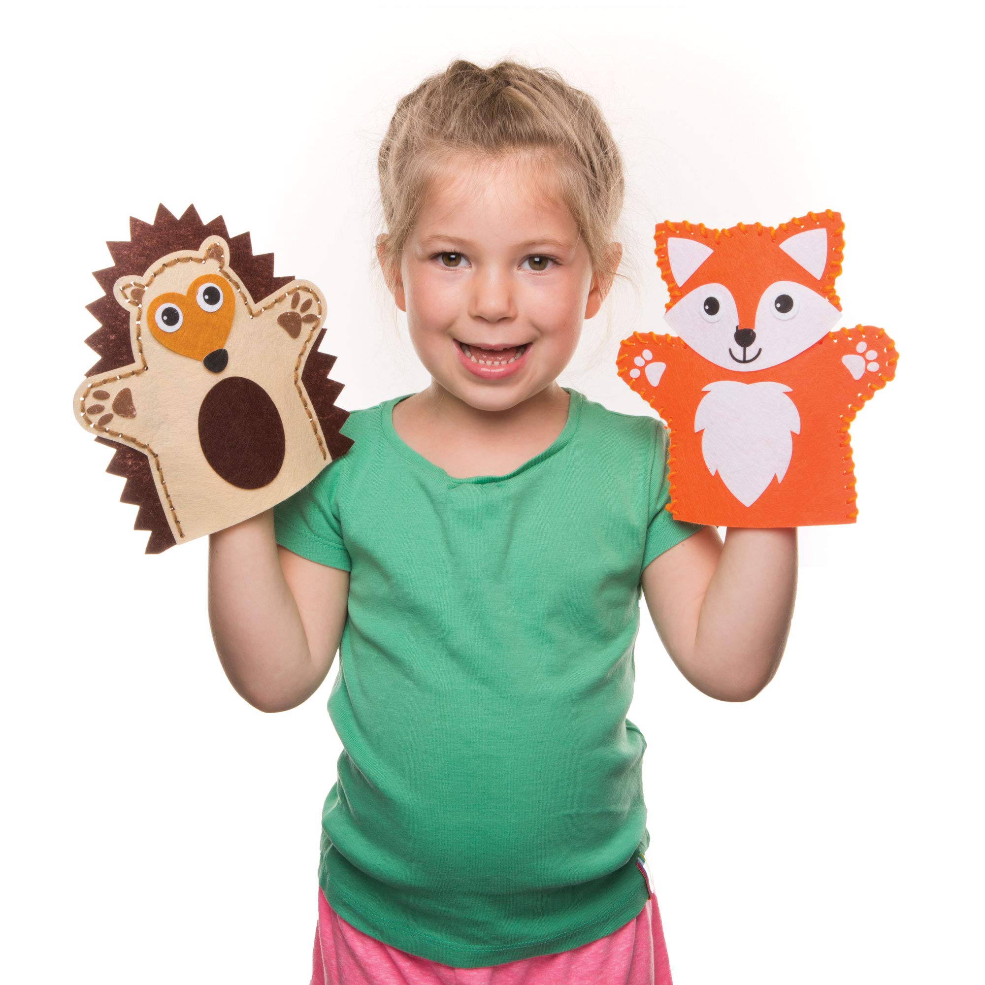 Baker Ross AR637 Woodland Animal Hand Puppet Sewing Kits (Pack of 4) for Kids Arts and Crafts