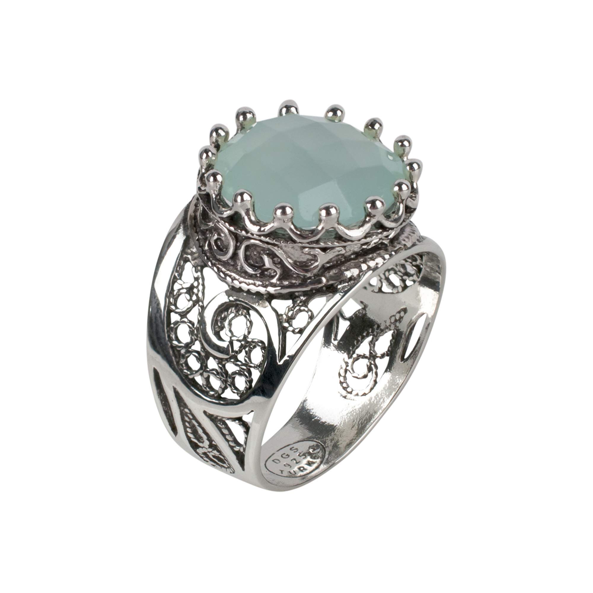 925 Sterling Silver Aqua Chalcedony Filigree Paisley Ring (Size 5-12) (6)