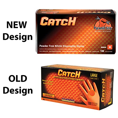 Adenna CAT455 Catch 9 mil Powder-Free Nitrile Gloves, Raised Grip, Orange, Medium, Box of 100