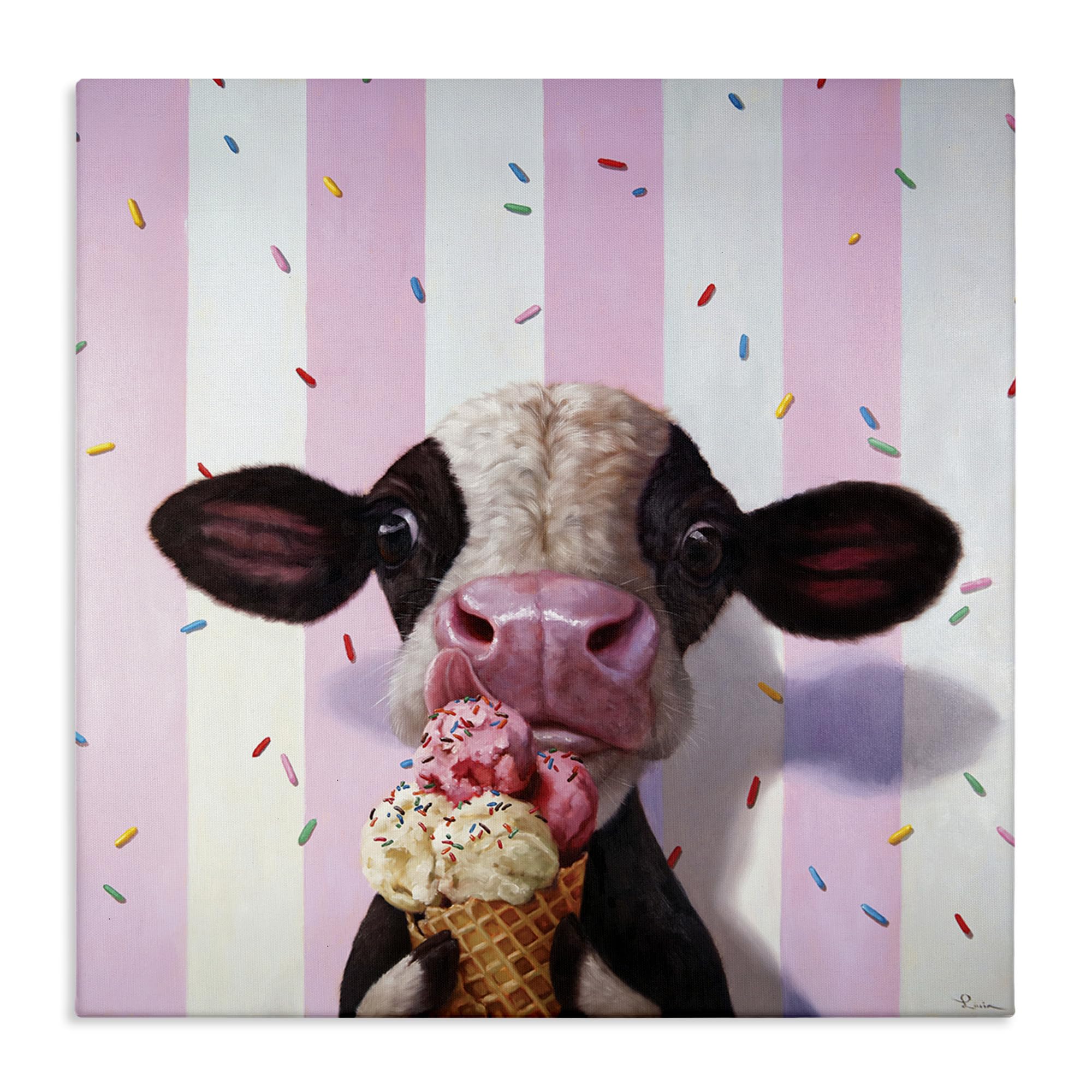 Stupell Industries Cute Baby Cow with Ice Cream Cone Pink Stripes, Designed by Lucia Heffernan Canvas Wall Art, 24x24, Brown