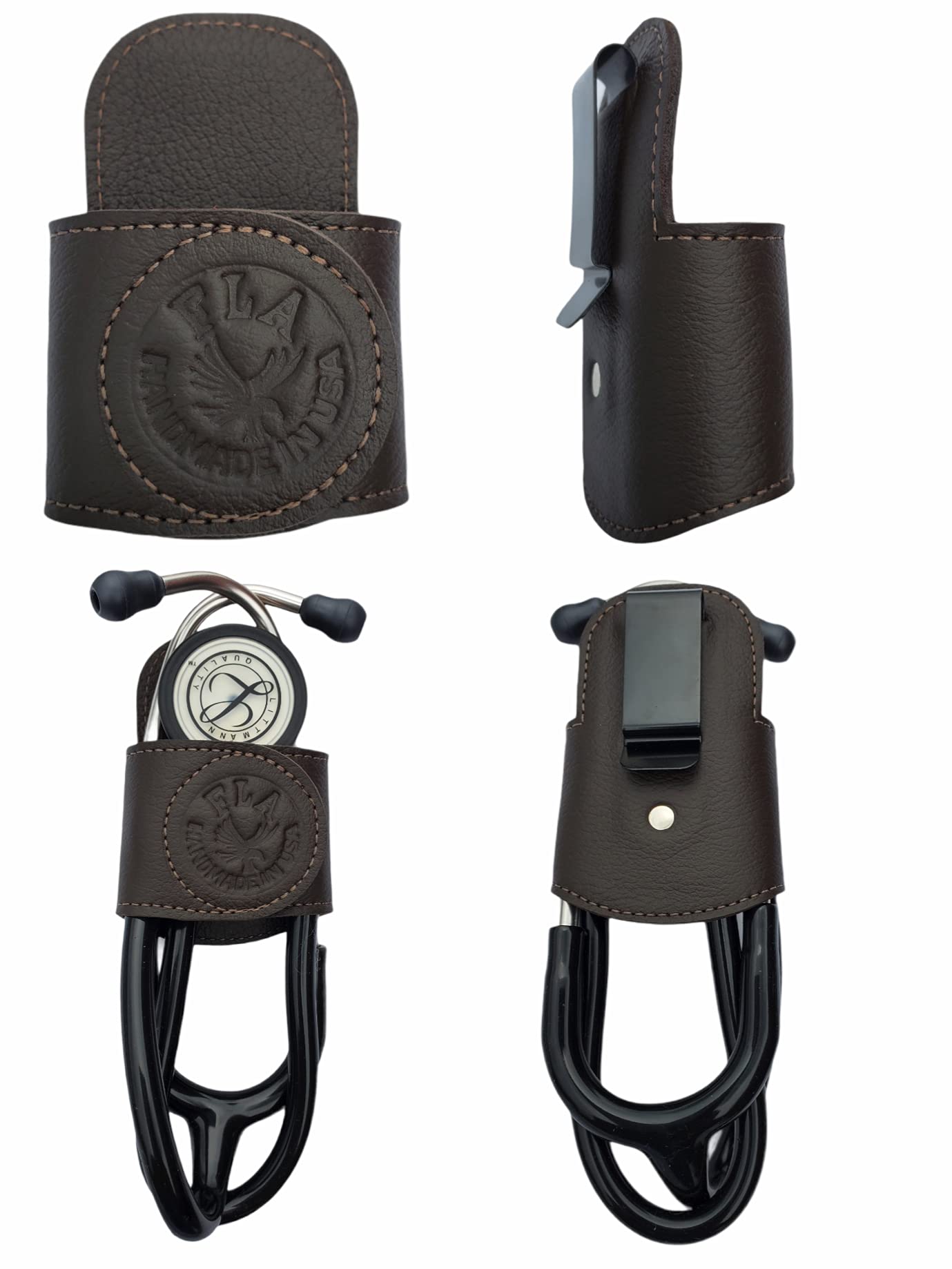 Stethoscope Holder pro with Clip,Handmade in USA Genuine Leather .Perfect for Physicians, Nurses, EMT, Medical Nursing Student (Brown).