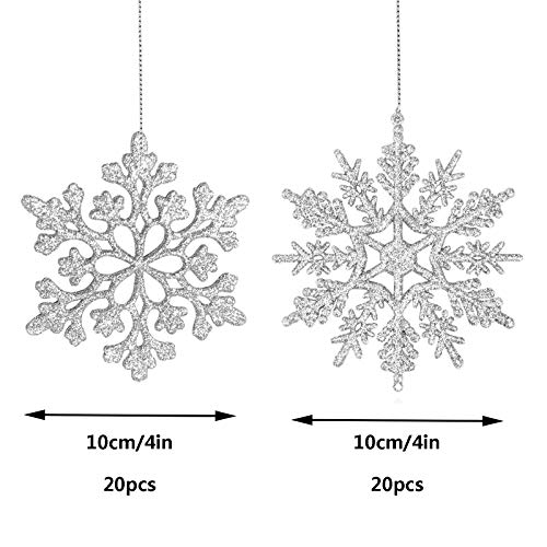 40PCS Christmas Snowflakes Glitter Ornaments Christmas Tree Decorations Window Decorations for Home Holiday Party 4 Inch, Silver