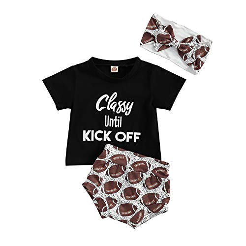 woshilaocai Newborn Baby Girl Funny Letter Print Short Sleeve T Shirt Top Cute Shorts Bloomers Headband Summer Clothes Set (black top football print shorts, 0-6 months)
