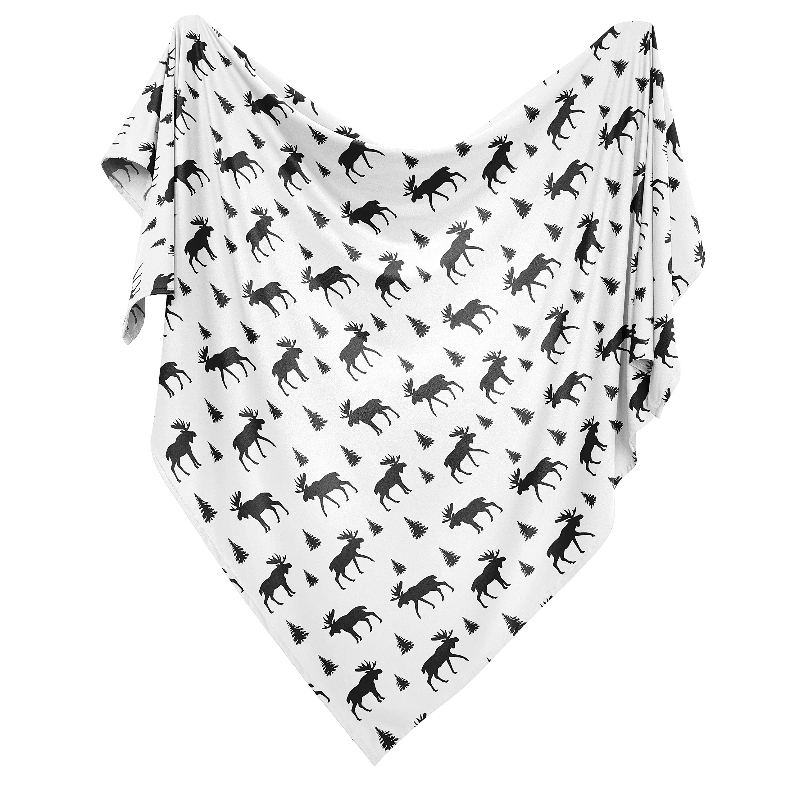 Sweet Jojo Designs Woodland Moose Baby Boy Swaddle Blanket Jersey Stretch Knit for Newborn or Infant Receiving Security - Black and White Forest Animal Rustic Patch