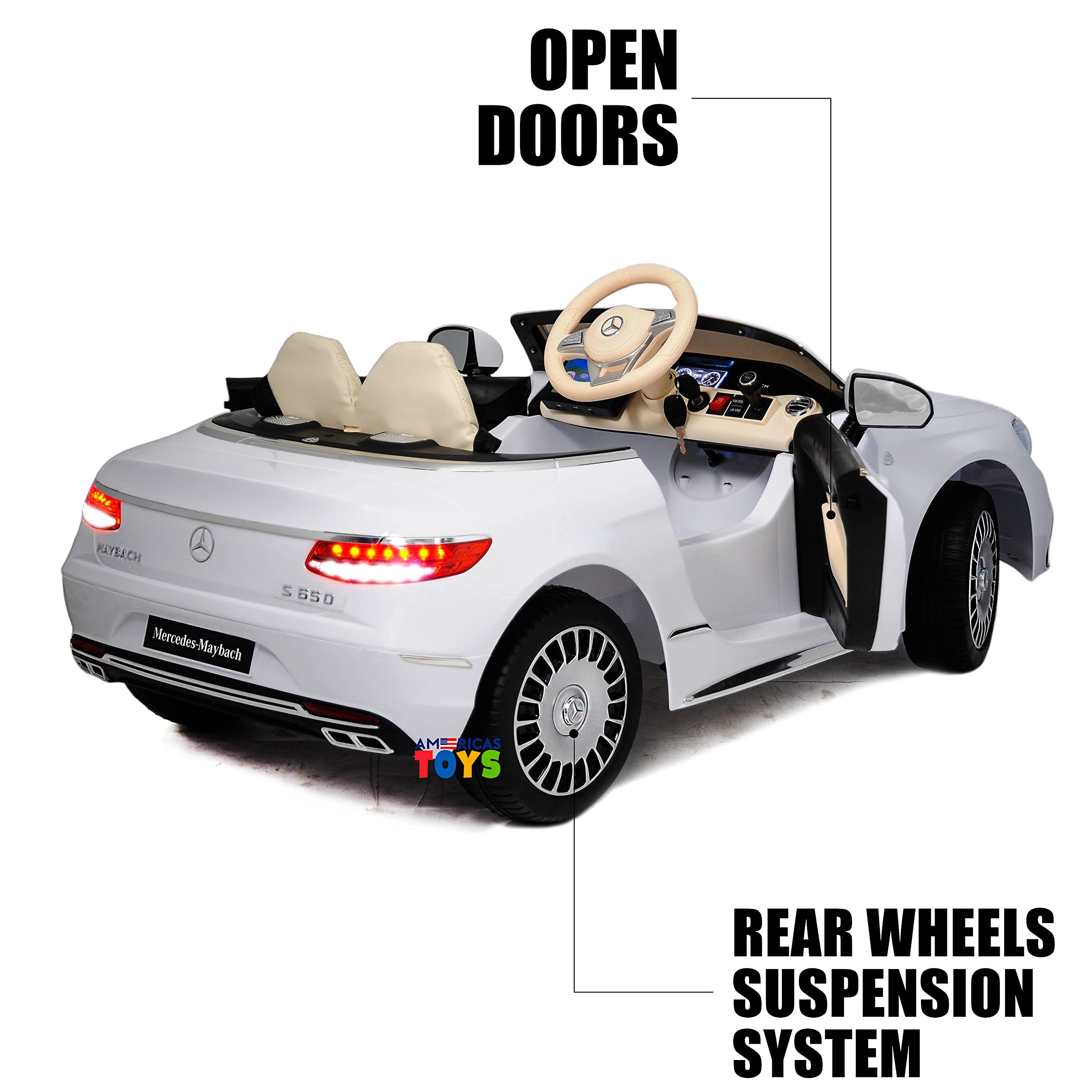 Americas Toys Car for Kids to Drive with Leather Seat, Mp4 Player, Bluetooth, Remote Control – Ride in Vehicle One Seater with Open Doors, 5 Point Safety Belt, Compatible with Mercedes Maybach White