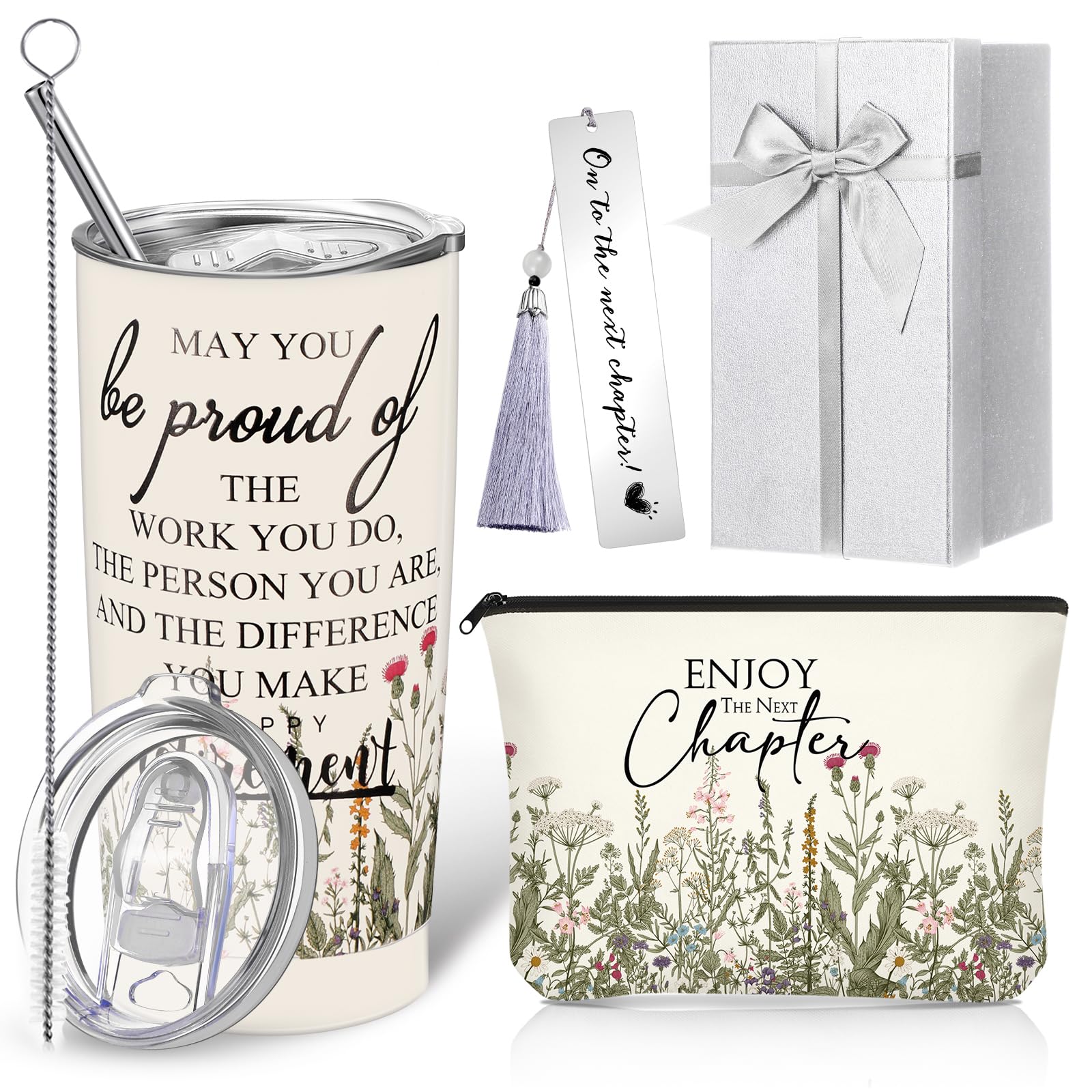 4 Pcs Retirement Gift for Women 2024 Happy Retirement Presents 20oz Stainless Steel Tumbler Makeup Bag Bookmark Set Retired Gifts Box for Mom Grandmom Teacher Coworker Nurse(Lively Style)