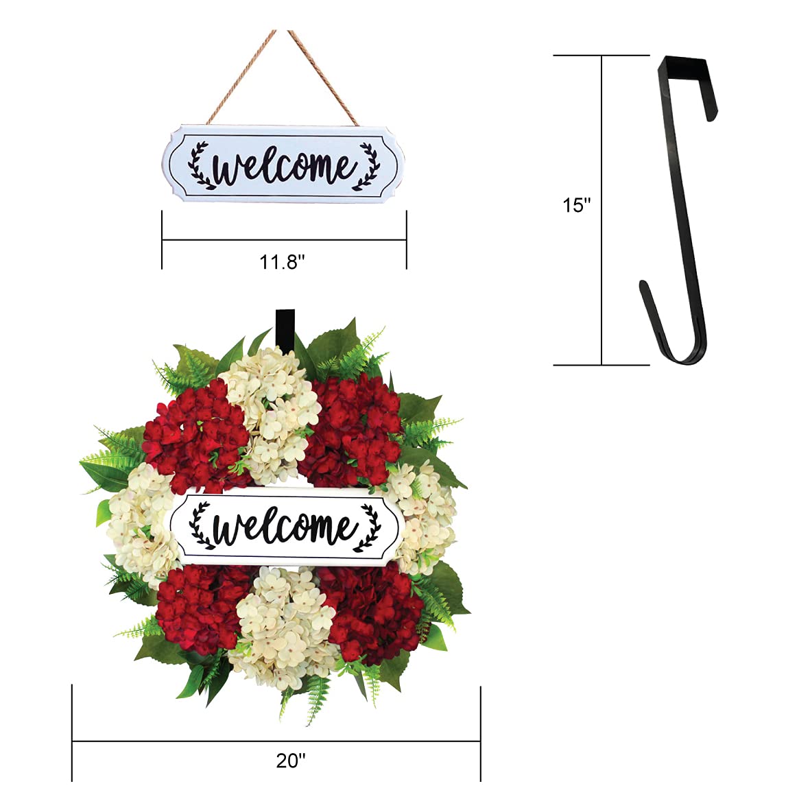 Artificial Flower Wreath, OrgMemory Floral Wreath, (Welcome Sign, 20”, Metal Hanger), Spring Wreath for Home Party Festival Wedding Decor (Scarlet and Ivory)