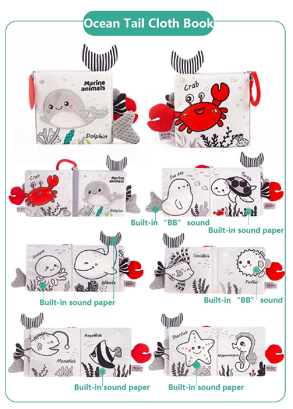 D-KINGCHY Baby Cloth Book Toy, Black and White Crinkle Tails Cloth Activity Books, Interactive Hanging Stroller Books for Newborn Infant, Early Development Toys with Sound for 0-2 Years Old