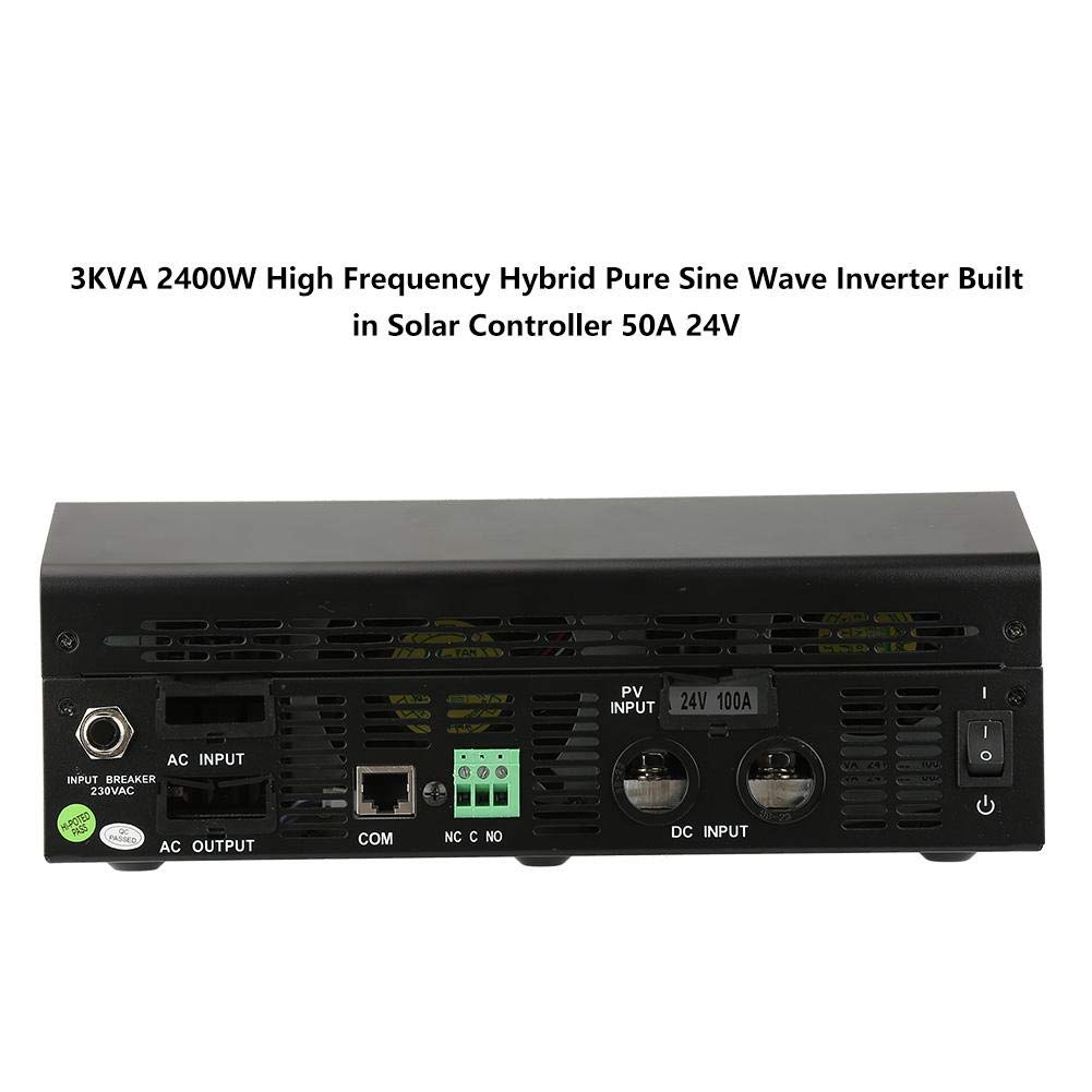 3KVA 2400W 24V 50A High Frequency Hybrid Pure Sine Inverter Built in Solar Controller for Off-Grid or Remote Areas, Battery Charger Power Supply Multi-Function Hybrid Inverter