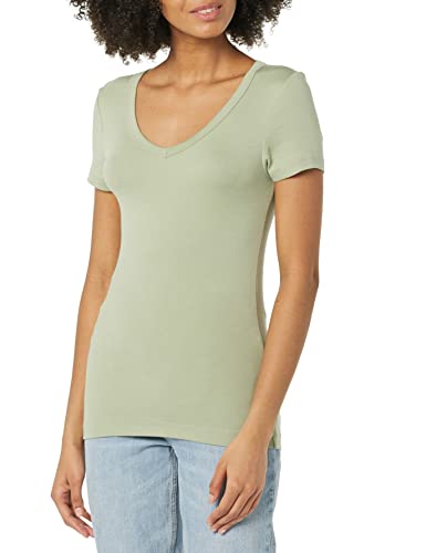 Amazon Essentials Women's Slim-Fit Short-Sleeve V-Neck T-Shirt, Pack of 2, Black/Sage Green, Medium