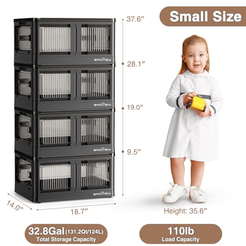 BROVIEW V5 33Gal Plastic Storage Bins with Lids, 4Pack Stackable Collapsible Storage Bins for Closet Organizers and Storage, Folding Storage Container Cabinets with Doors and Wheels, Black