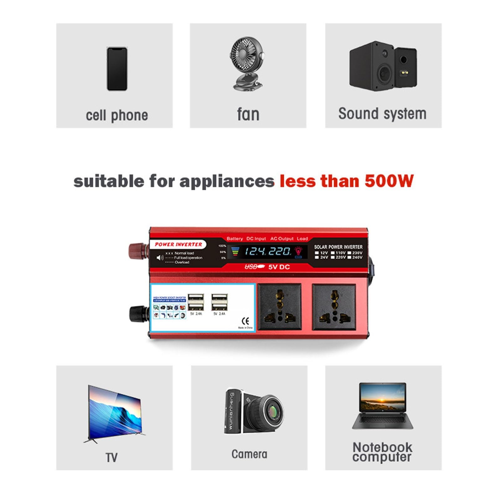 500W Car Inverter 12v 220v Solar Inverter 4usb Mobile Phone Charger with LCD Display Dual Socket Power Converter (Size : 24V-110V)