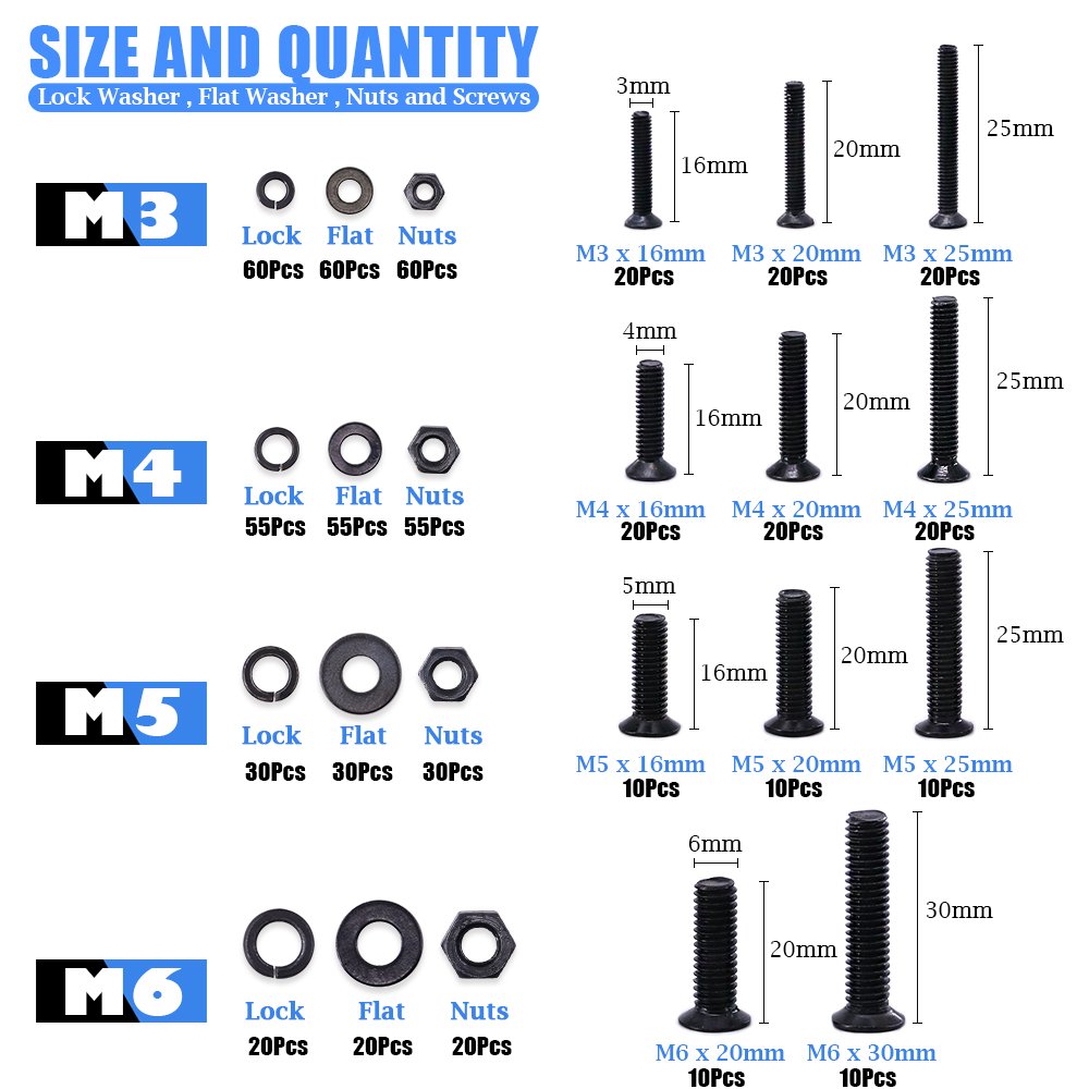Glarks 665Pcs Alloy Steel Flat Head Machine Screws Bolts Nuts and Flat Gasket Spring Washers Assortment Set, Fully Threaded, Black Oxide Finish