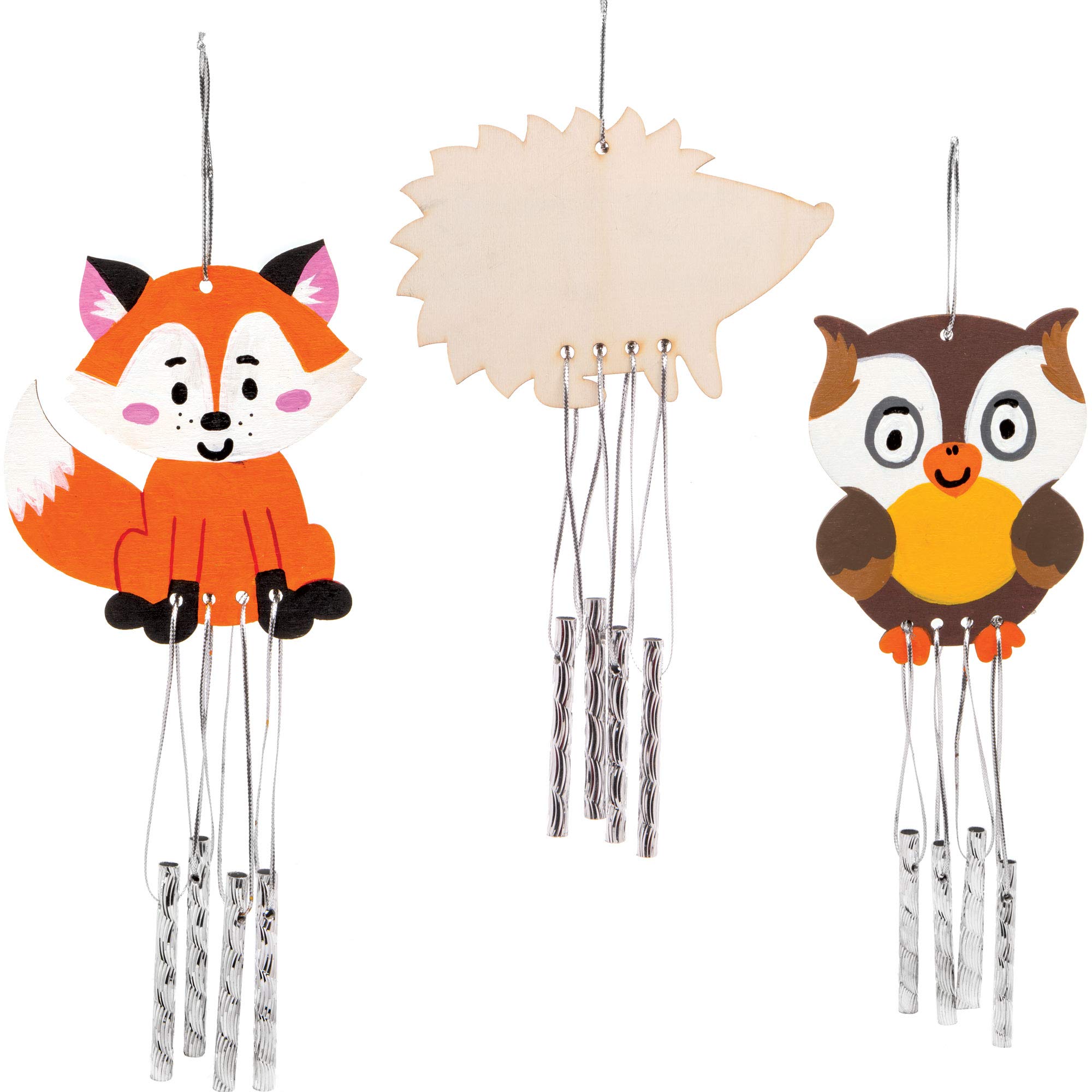 Baker Ross AW877 Woodland Critter Wooden Windchimes - Pack of 4, Musical Chime Kits for Kids Arts and Crafts Projects, Great Indoor or Outdoor or as a Gift for Creative Children