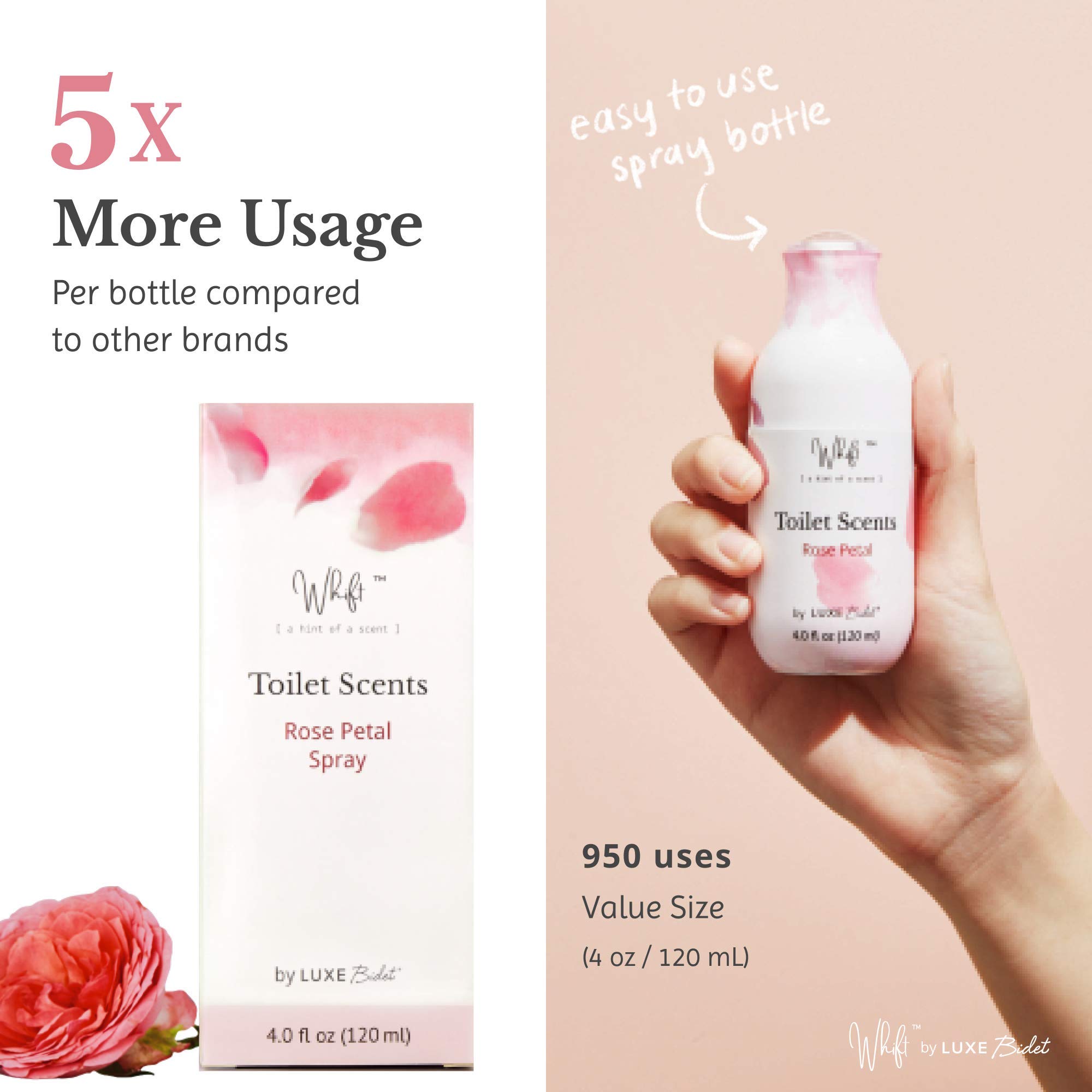 LUXE Bidet Whift Toilet Scents Spray, Rose Petal, Value Size - 4 oz / 120 mL