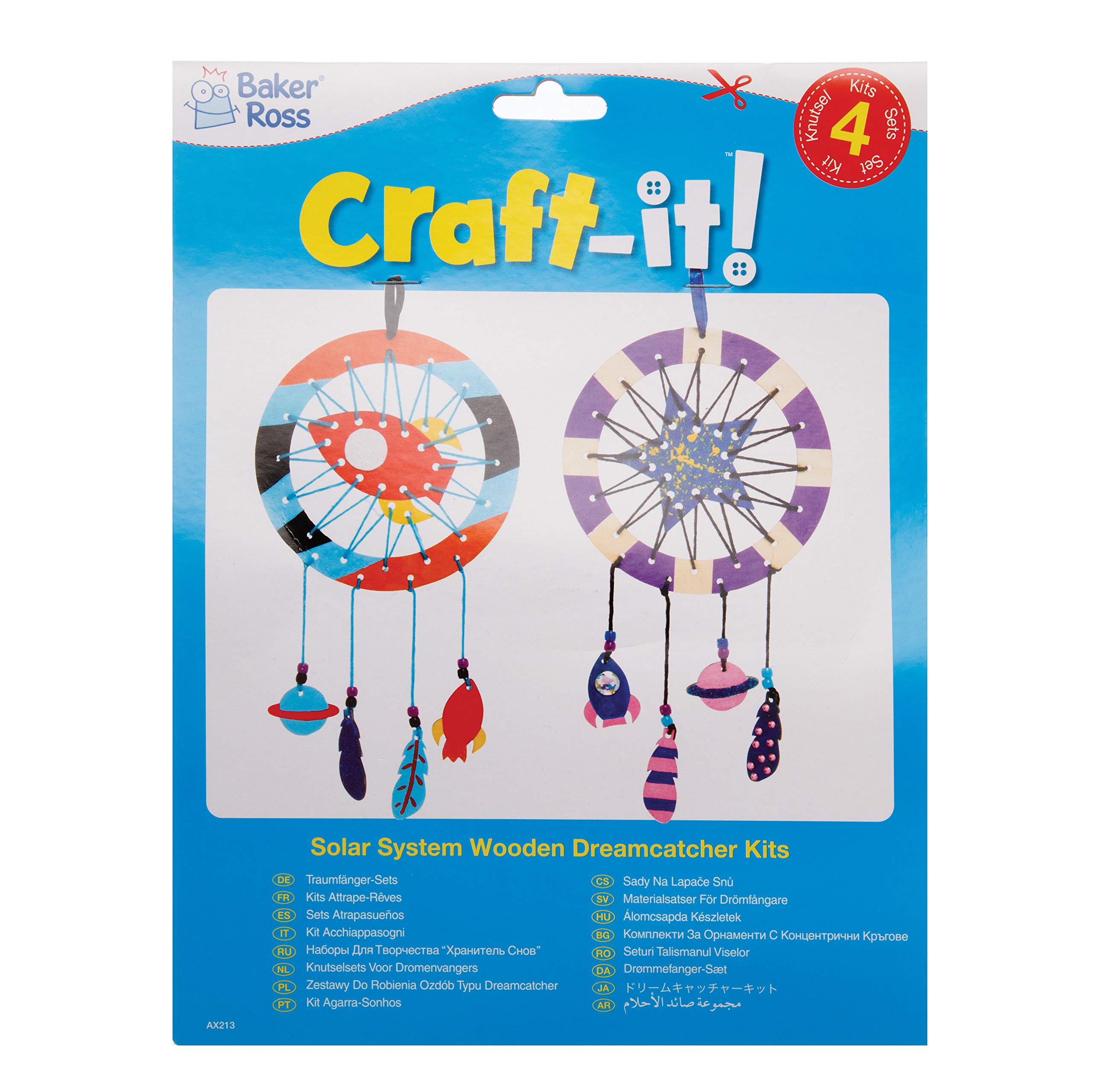 Baker Ross AX213 Solar System Wooden Dreamcatcher Kits - Pack of 4, Create Your own Dreamcatcher Kits for Kids Arts and Crafts, Wall Decorations for Girls and an Introduction to Sewing