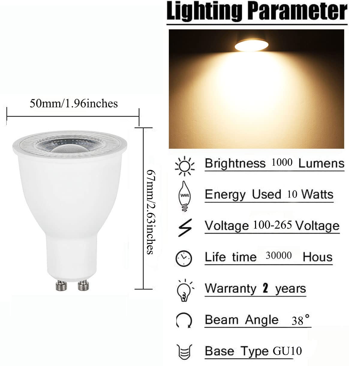 Edearkar GU10 LED Light Bulbs, 10W (100W Halogen Equivalent), 1000 Lumens, Non-Dimmable, 3000K Warm White, LED Bulbs for Recessed Track Lighting, AC90-265V, 60° Beam Angle, GU10 Base, Pack of 6