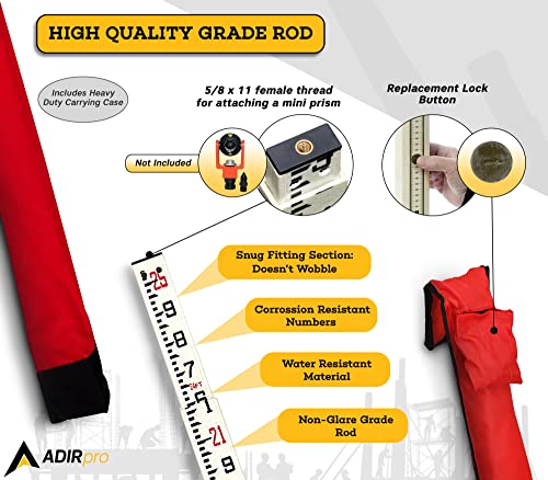 AdirPro 25-Foot Fiberglass Grade Rod β 10ths, 6-Section Telescoping Rectangular Leveling Rod β Non Glare and Corrosion Resistant β Heavy Duty Carrying Case Included