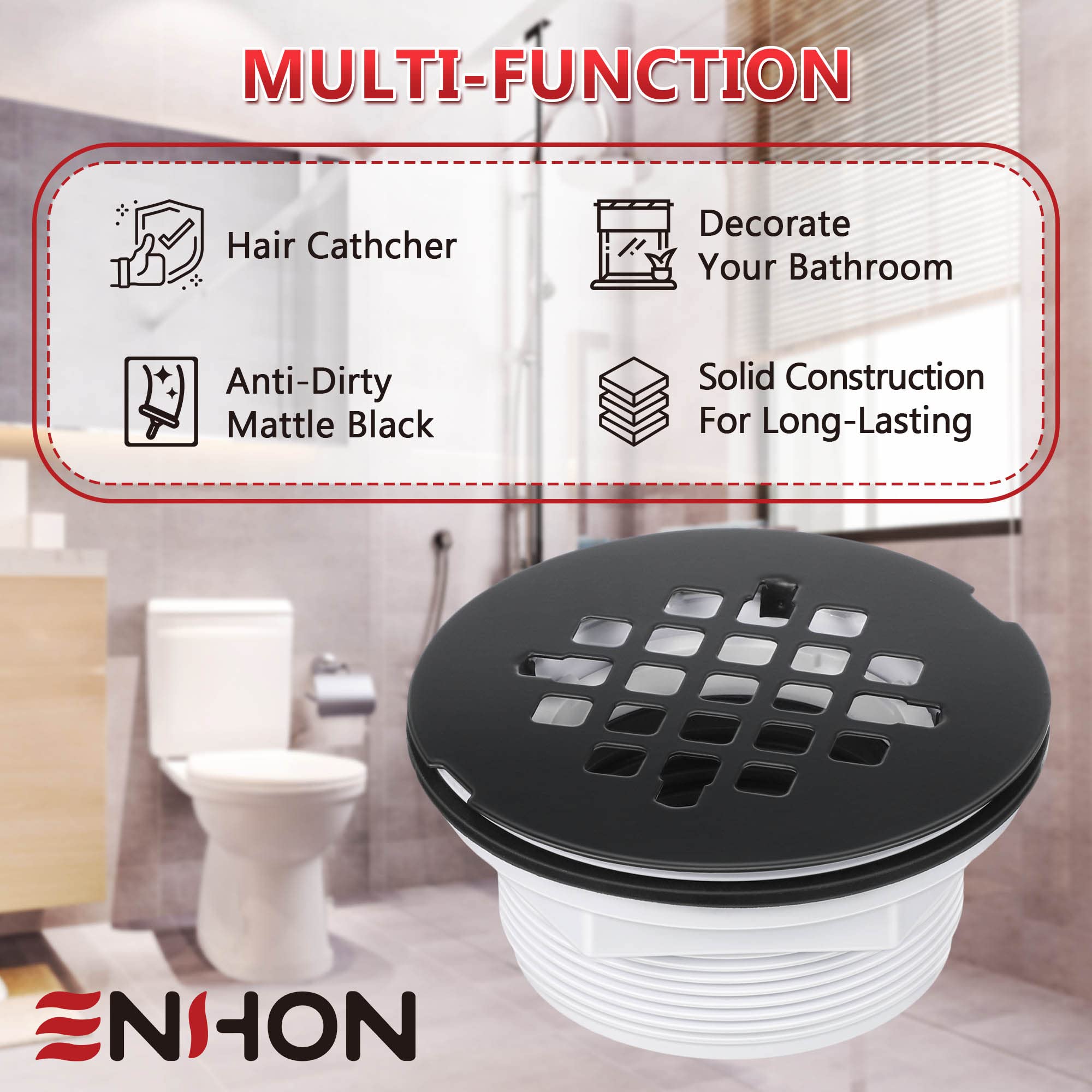 4-1/4" OD Shower Drain Assembly, Snap in Shower Base Drain and Matte Black Round Grid Strainer Cover, Fits 2 in. Schedule 40 ABS and PVC Pipes, Stainless Steel Cap, ABS Drain Base