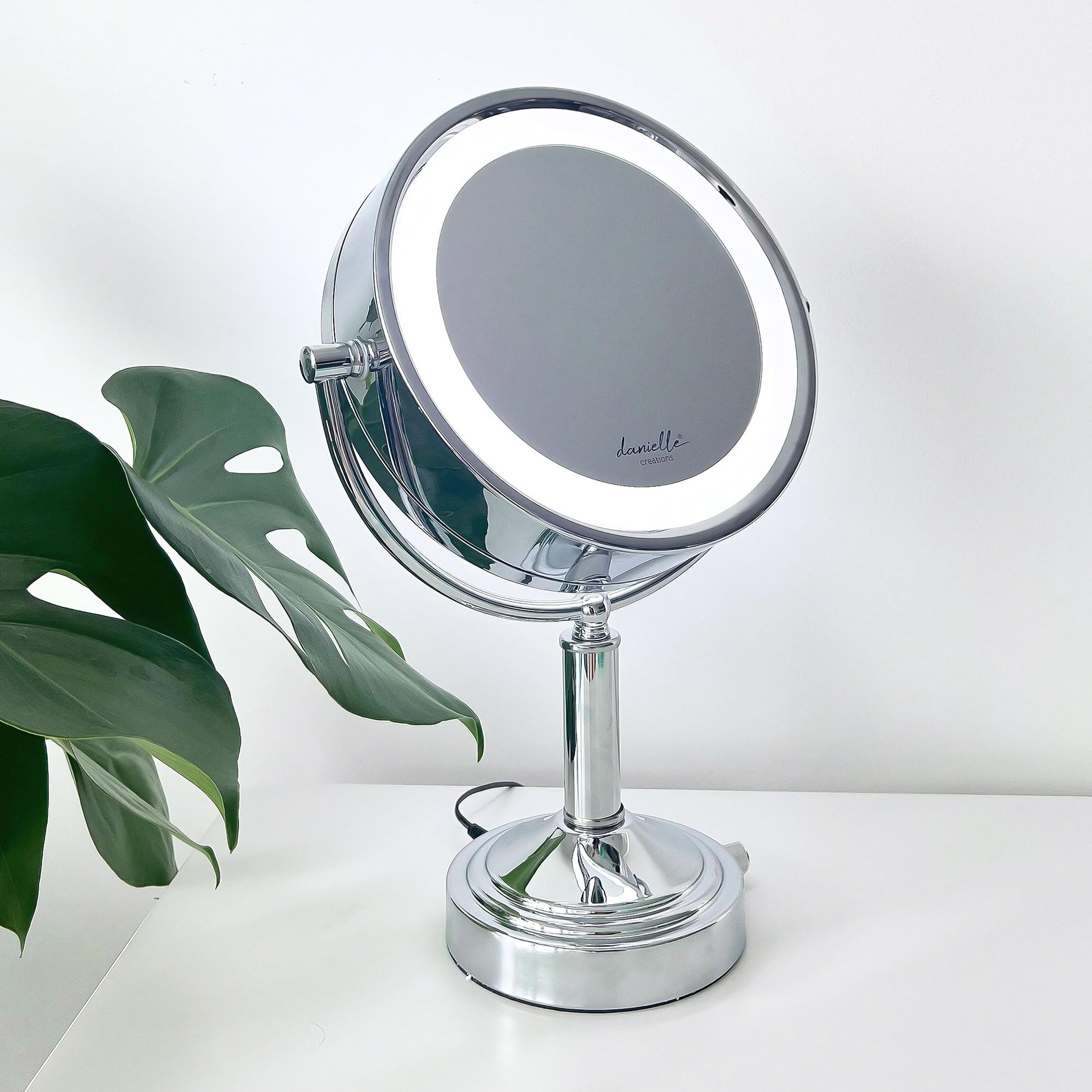 Danielle Creations Professional-Grade Double-Sided L.E.D. Vanity Mirror with Strong 15X Magnification, 360-Degree Rotation, Ultra-Vue Distortion-Free True Image Reflection, Silver Chrome Finish