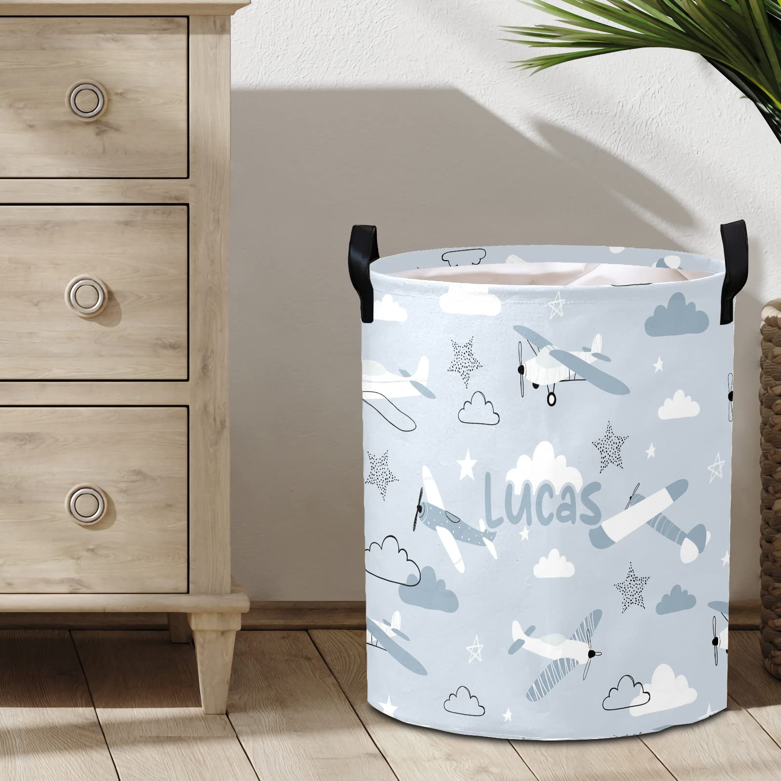 Airplane Blue Personalized Laundry Basket Hamper,Collapsible Storage Baskets with Handles for Room,Clothes, Nursery Decor