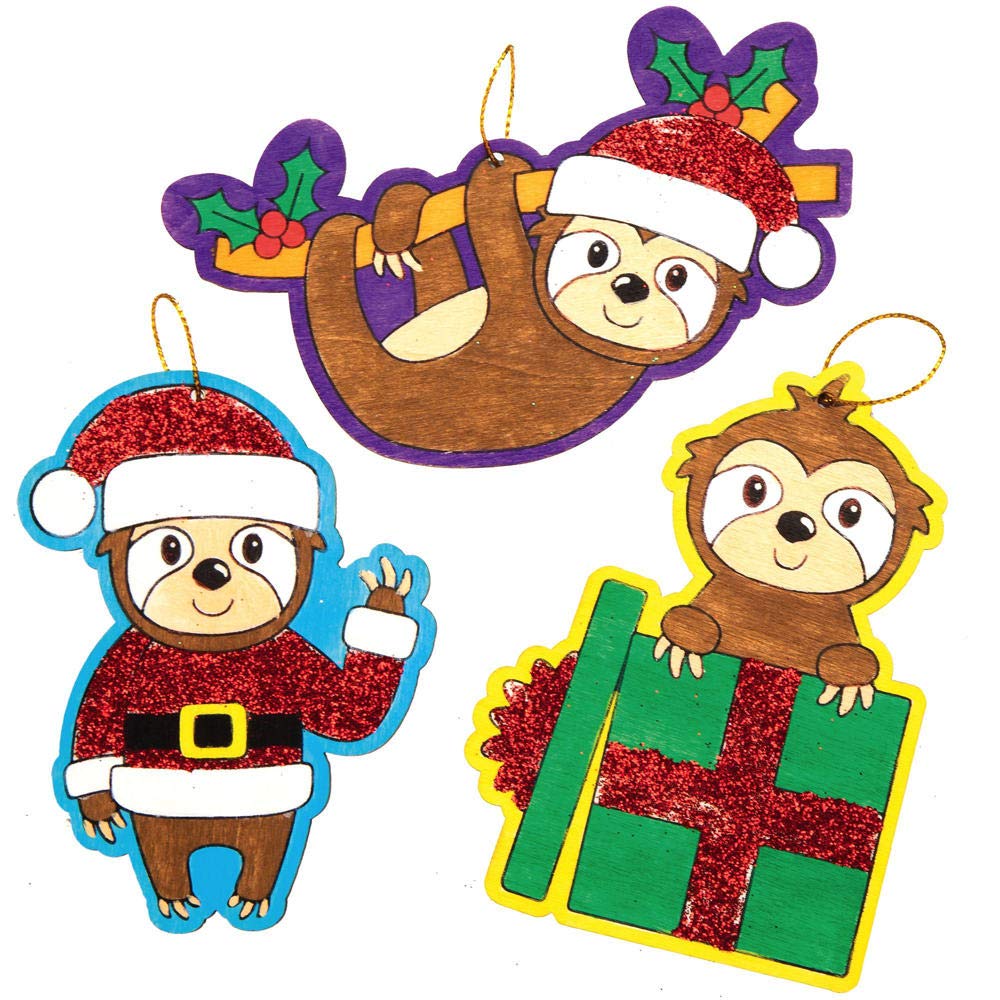 Baker Ross AX522 Christmas Sloths Wooden Decorations - Pack of 12, Christmas Decorations for Kids to Decorate and Display, Ideal Kids Arts and Crafts Project