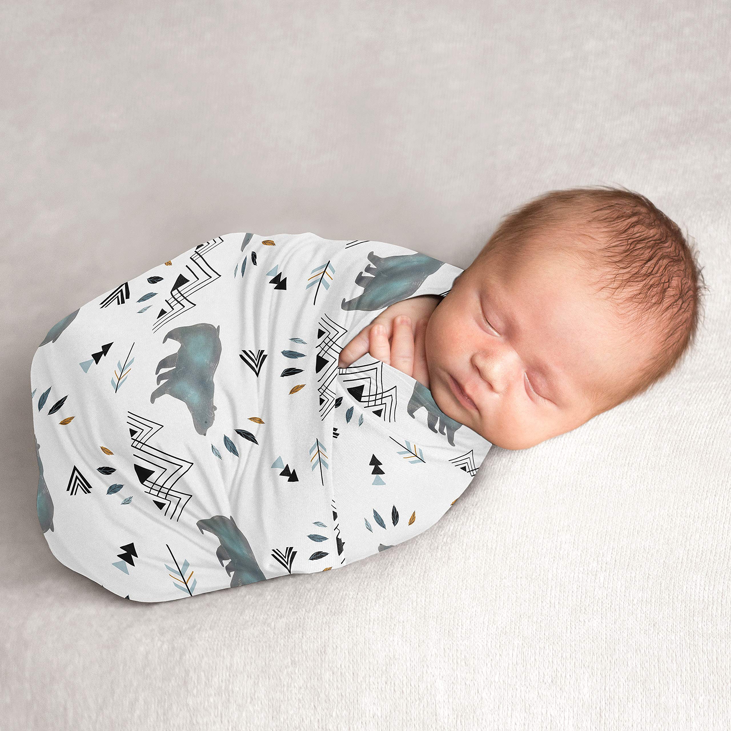 Sweet Jojo Designs Bear Mountain Baby Boy Swaddle Blanket Jersey Stretch Knit for Newborn or Infant Receiving Security - Slate Blue and Black Woodland Forest Animal