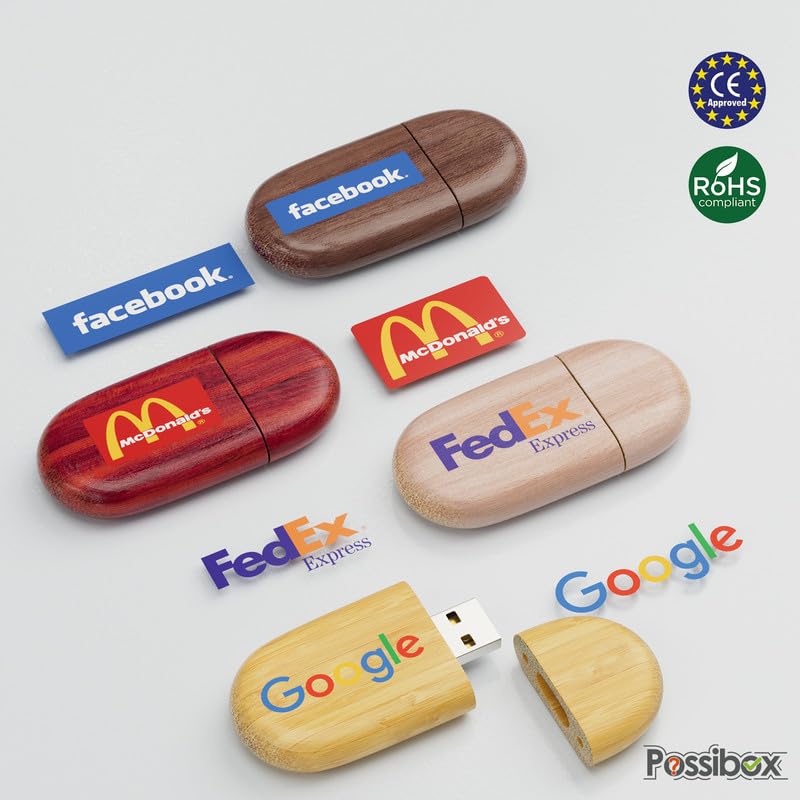 Possibox Custom Wood USB Flash Drive 512MB Printed or Engraved with Your Logo - as Promotional Gift Bulk USB 2.0-100 Pack